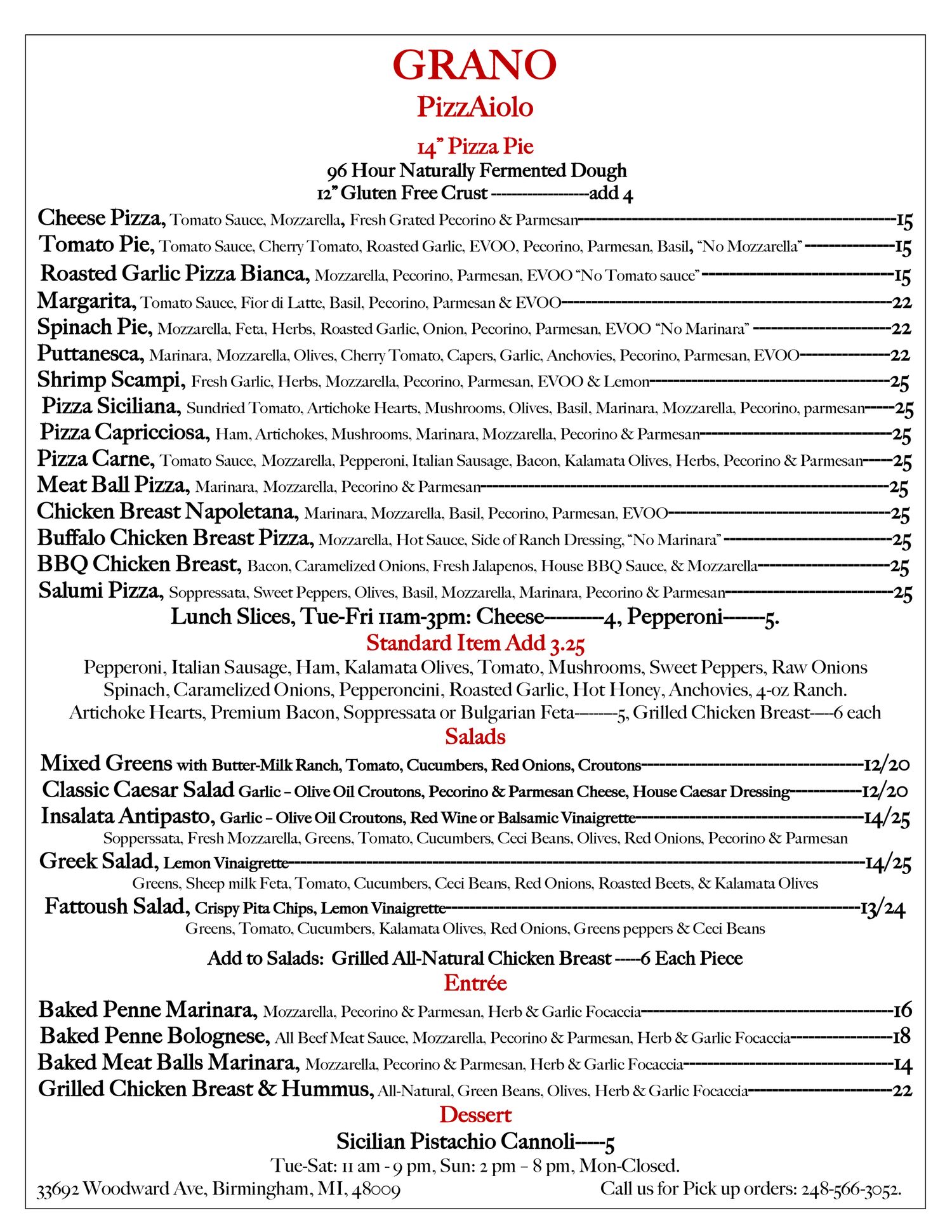 Menu — Grano PizzAiolo