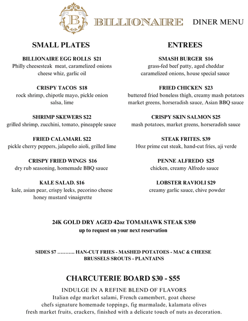 BILLIONAIRE Menu — BILLIONAIRE