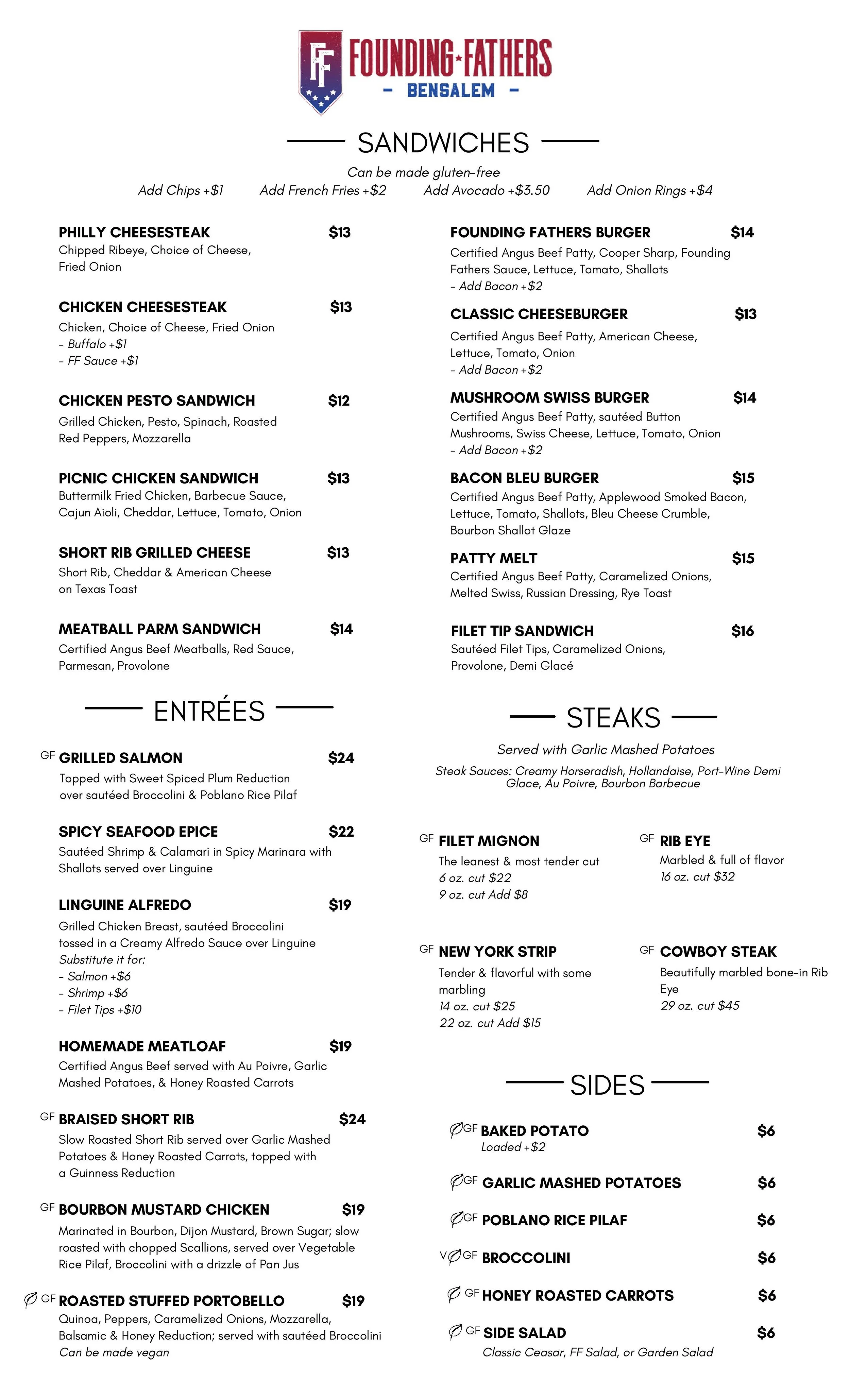 Appetizers, Sandwiches, Entrees — Founding Fathers Bensalem Sports Bar ...