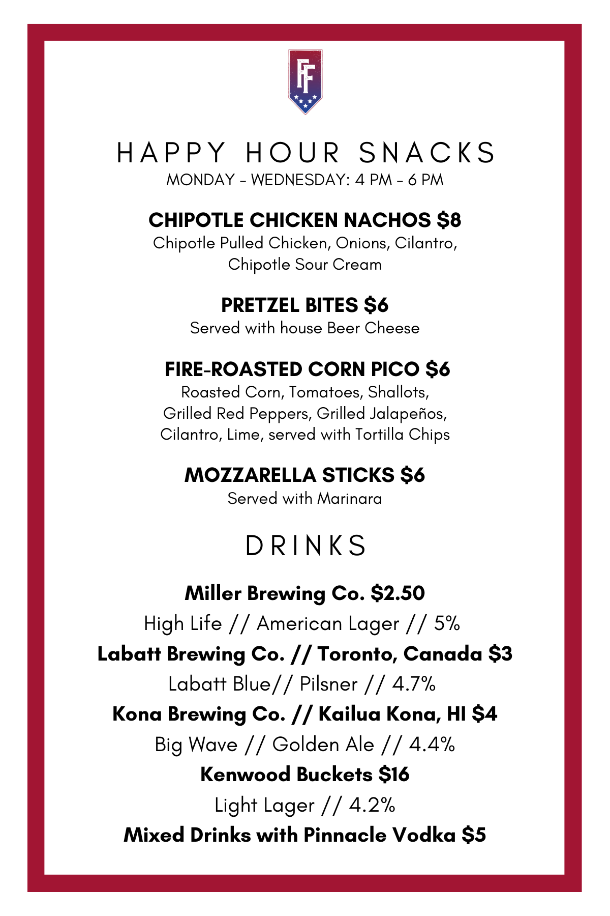 Happy Hour Menu — Founding Fathers Bensalem Sports Bar and Grille