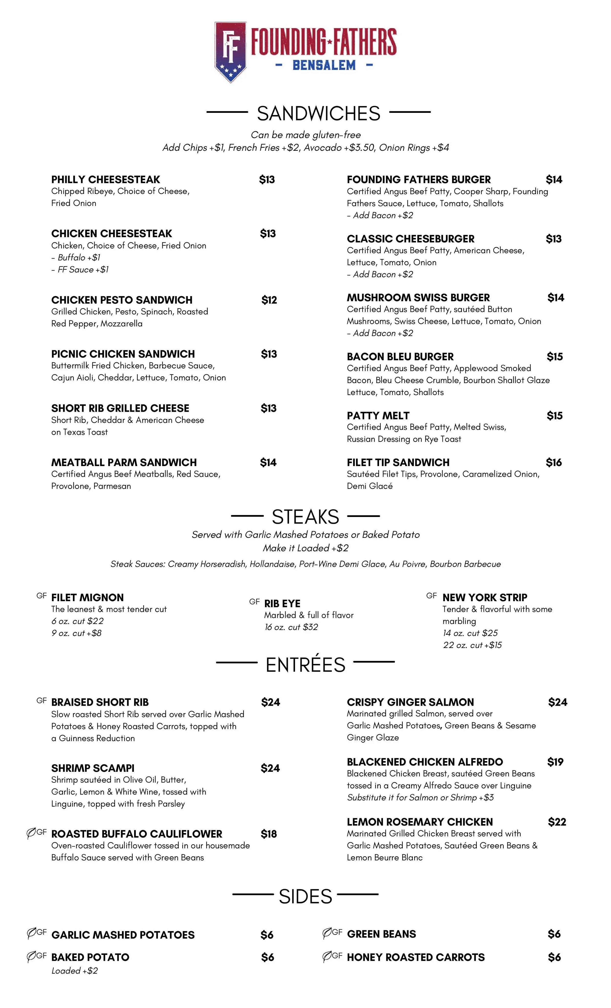 Appetizers, Sandwiches, Entrees — Founding Fathers Bensalem Sports Bar ...