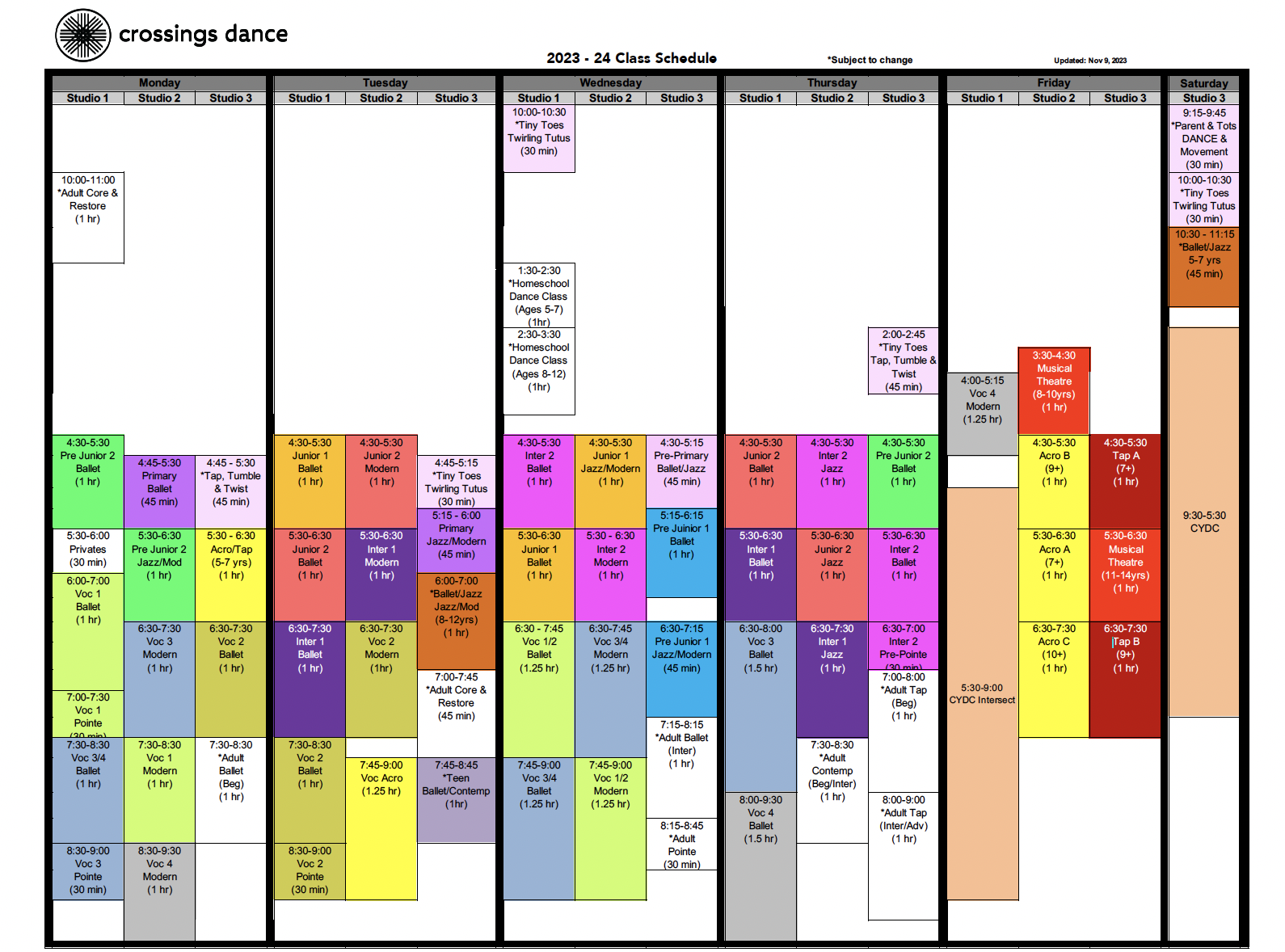 CLASS SCHEDULE — Crossings Dance