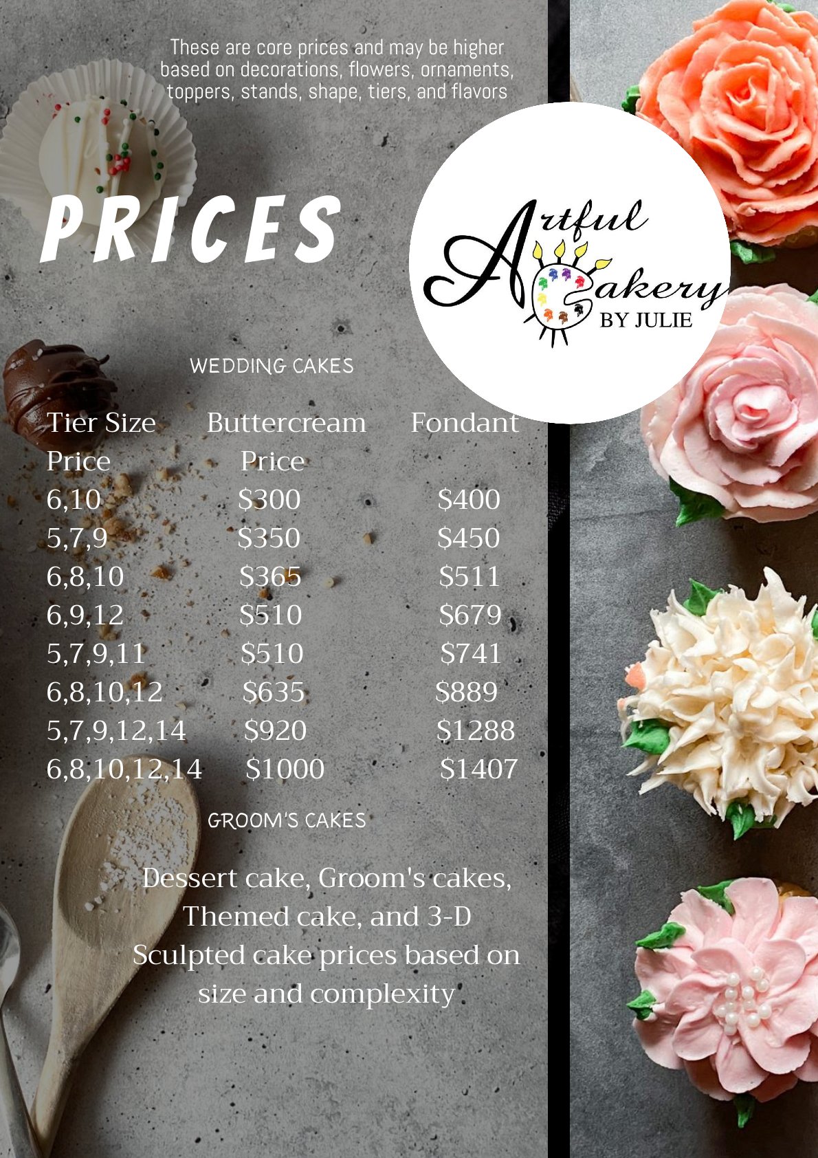 Menu and Pricing Information-Artful Cakery by Julie-Artful Cakery by Julie