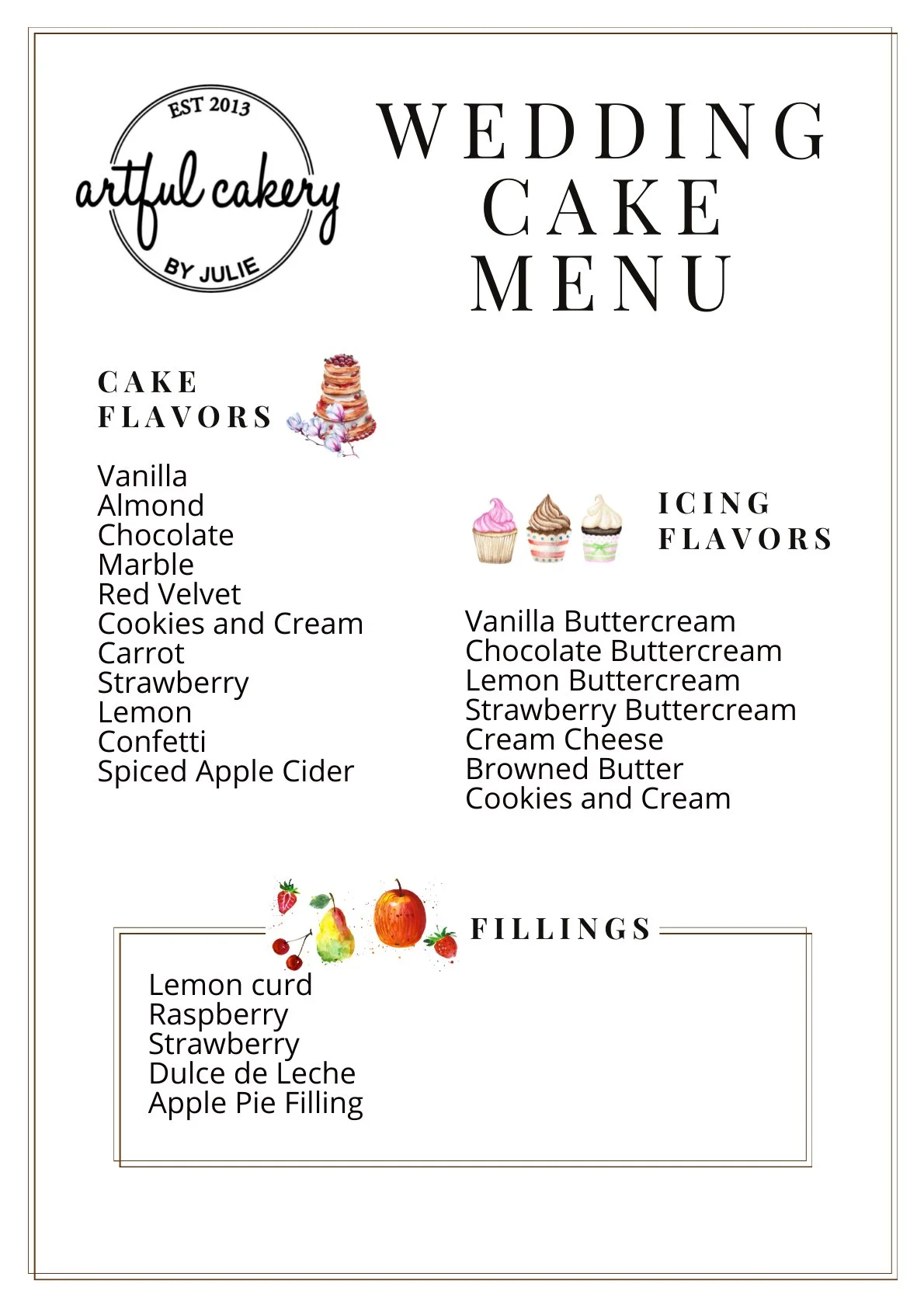 Menu and Pricing Information-Artful Cakery by Julie-Artful Cakery by Julie