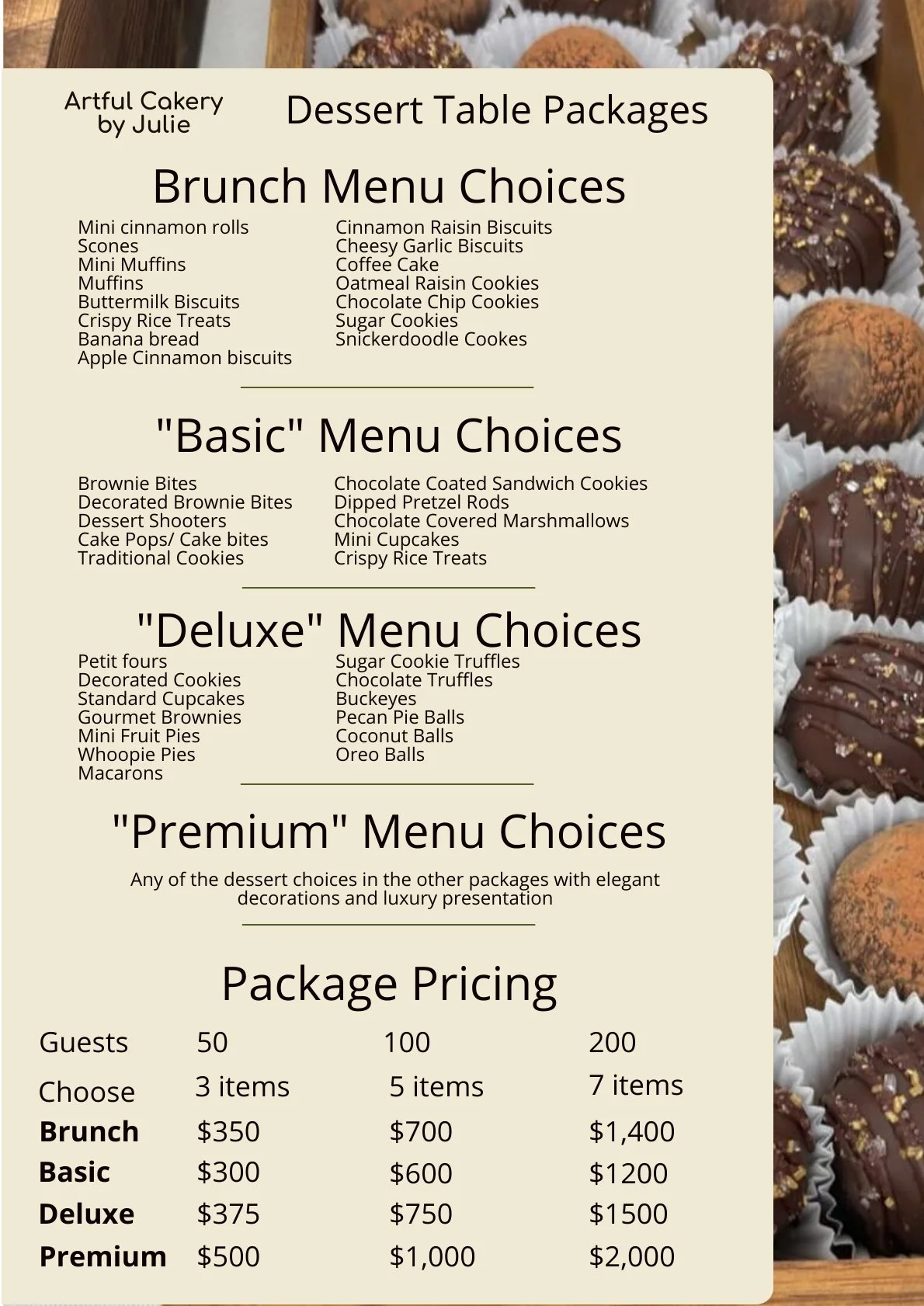 Menu and Pricing Information-Artful Cakery by Julie-Artful Cakery by Julie