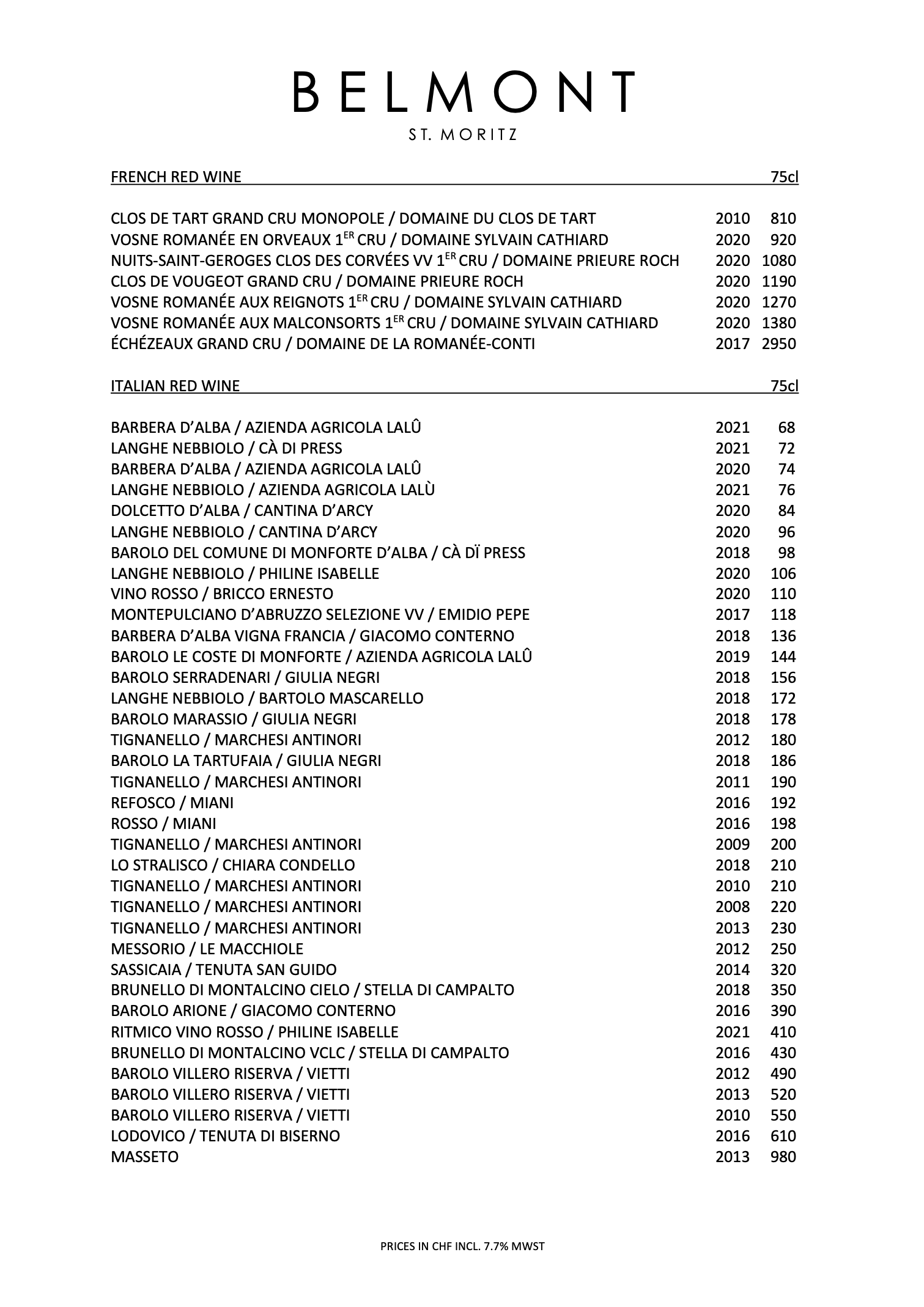 Menu — Belmont St. Moritz