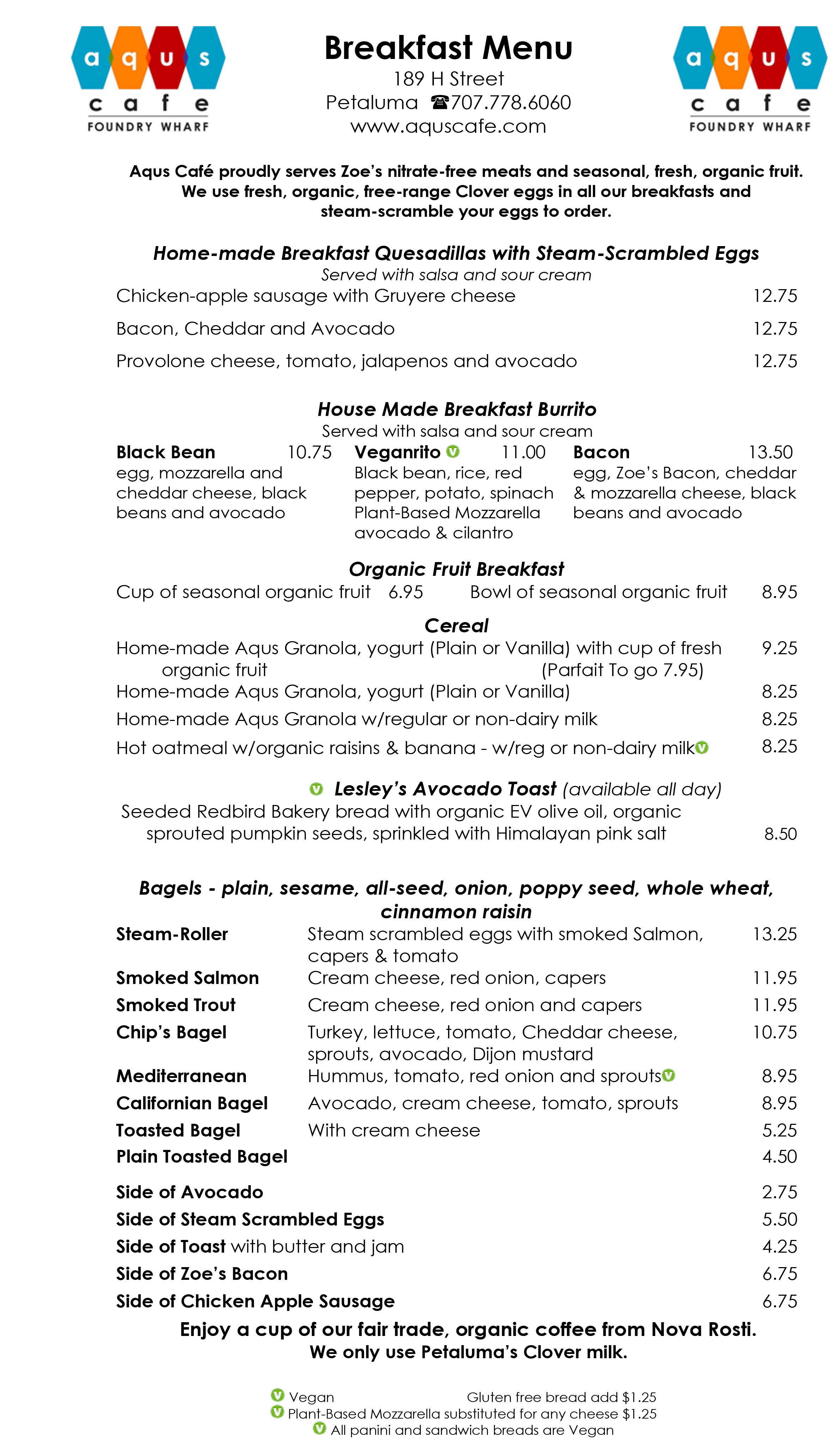 Breakfast Menu — Aqus Cafe Foundry Wharf