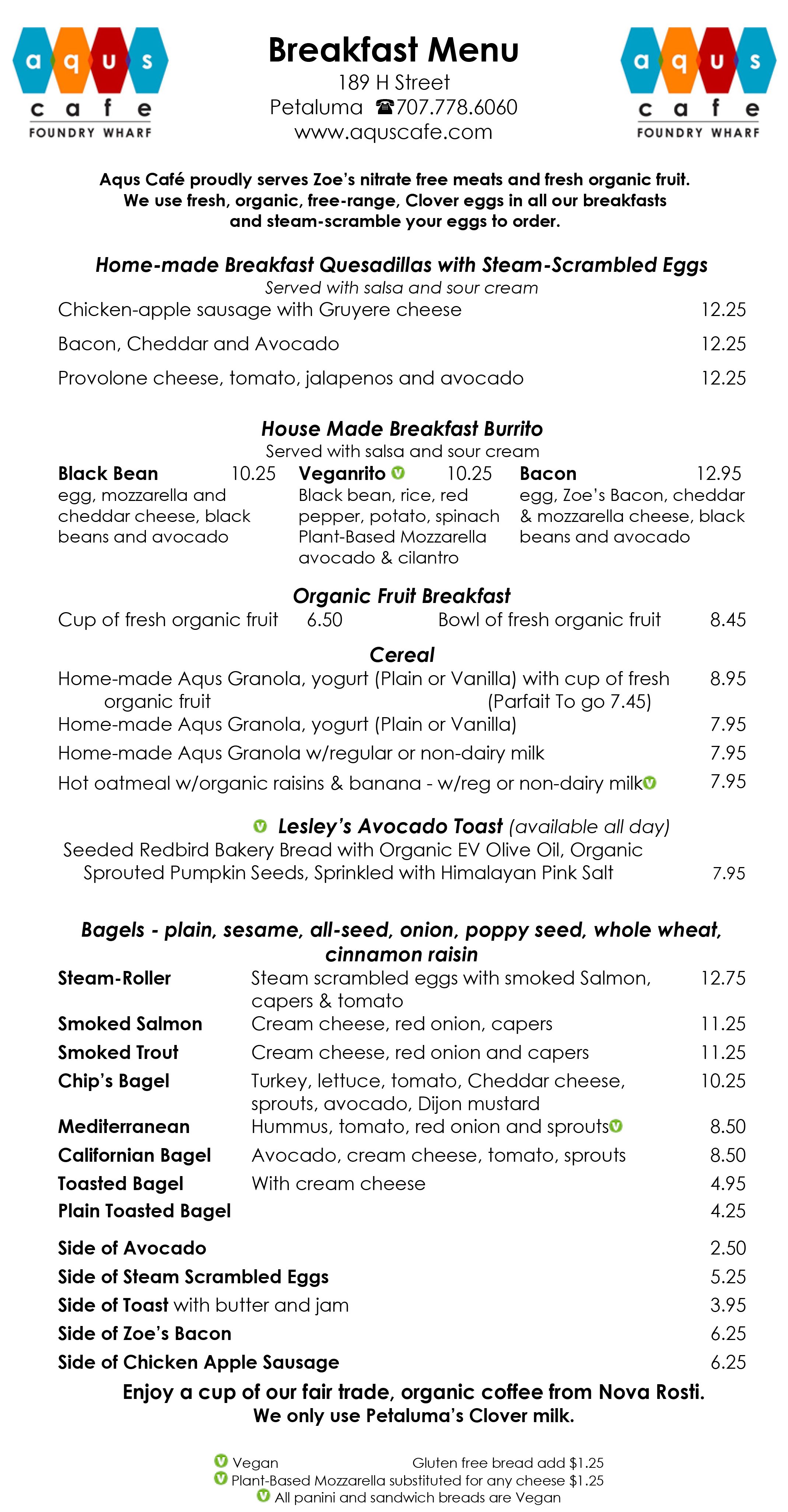 Breakfast Menu — Aqus Cafe Foundry Wharf