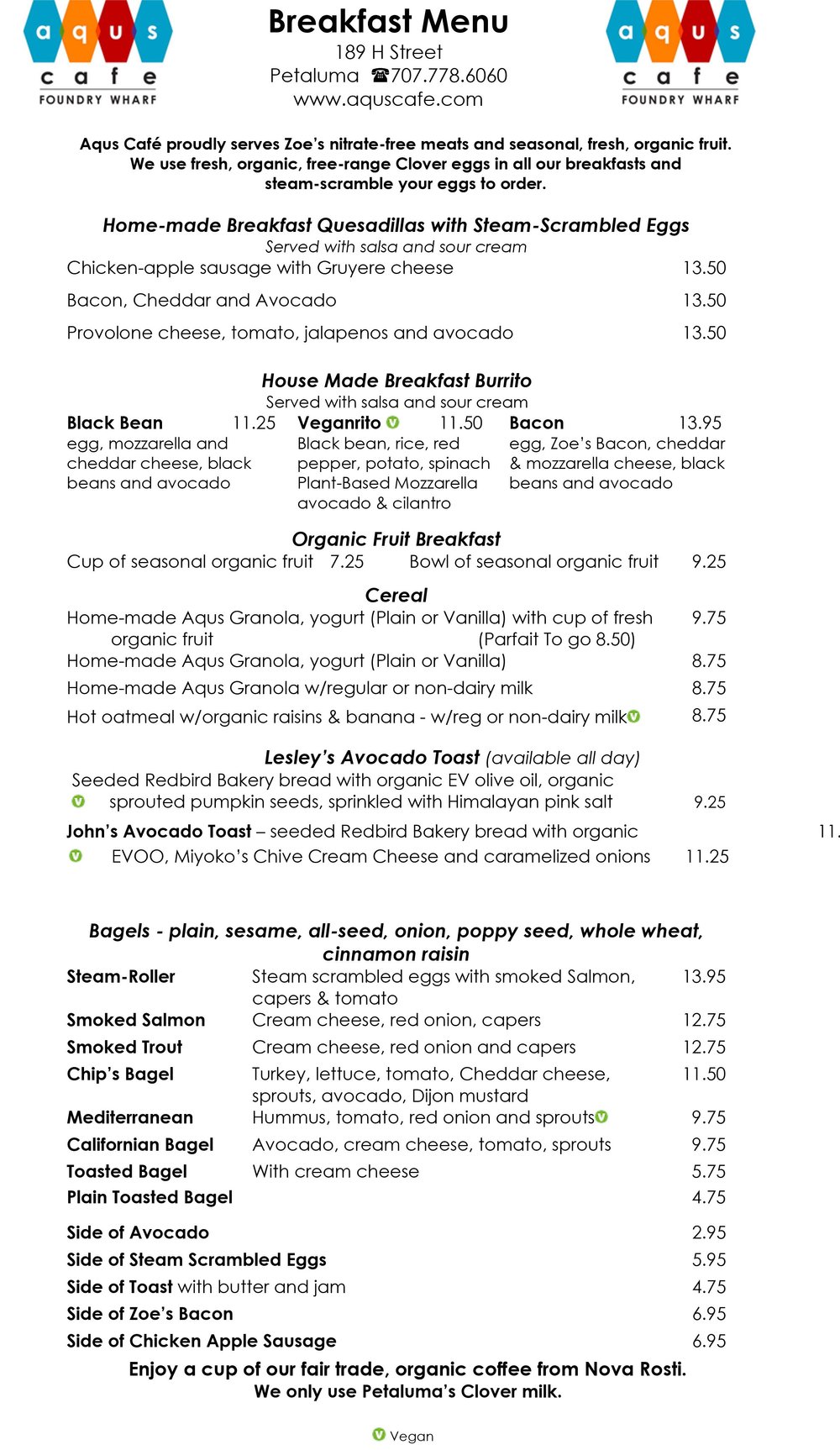 Breakfast Menu — Aqus Cafe Foundry Wharf