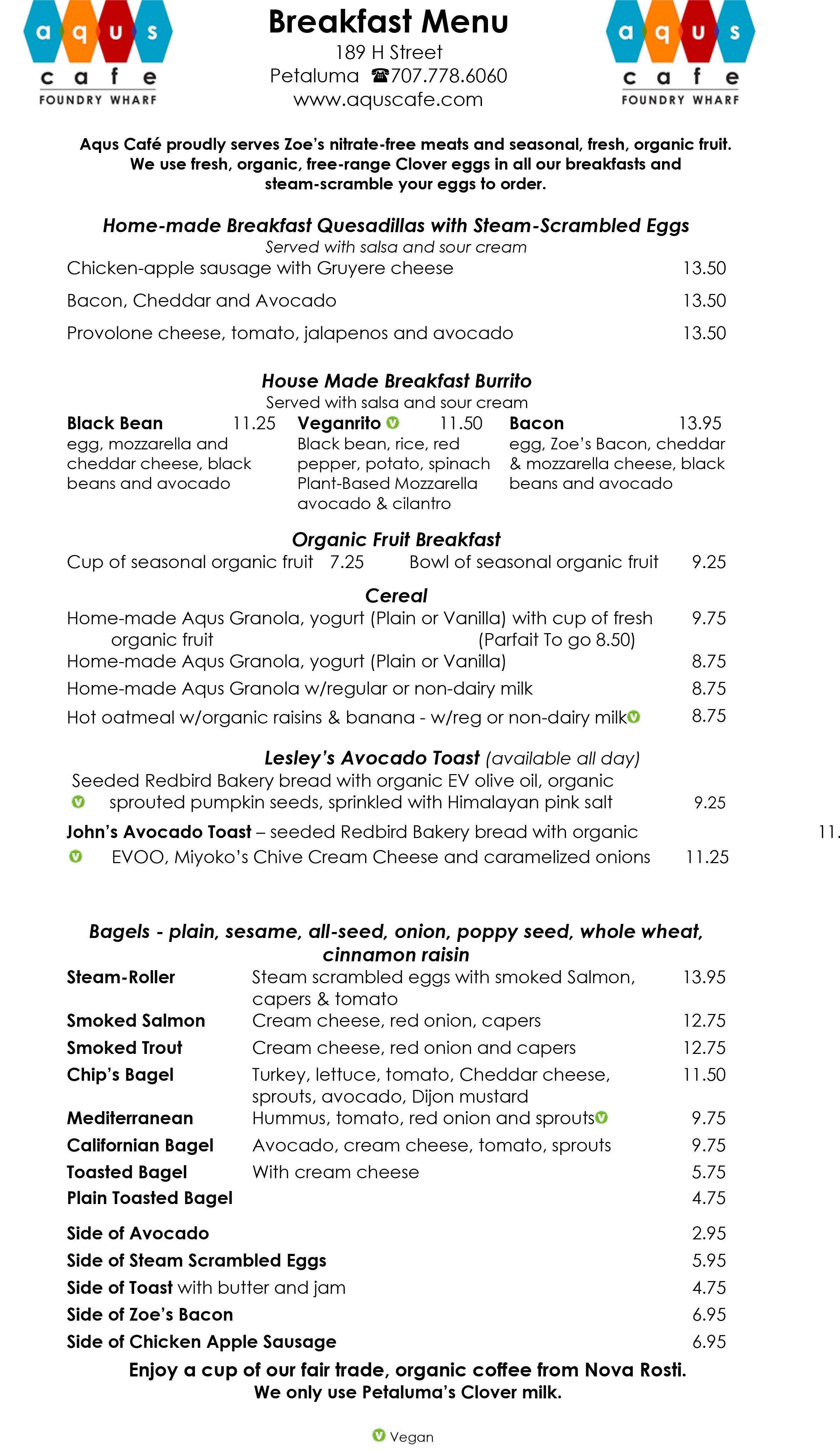 Breakfast Menu — Aqus Cafe Foundry Wharf