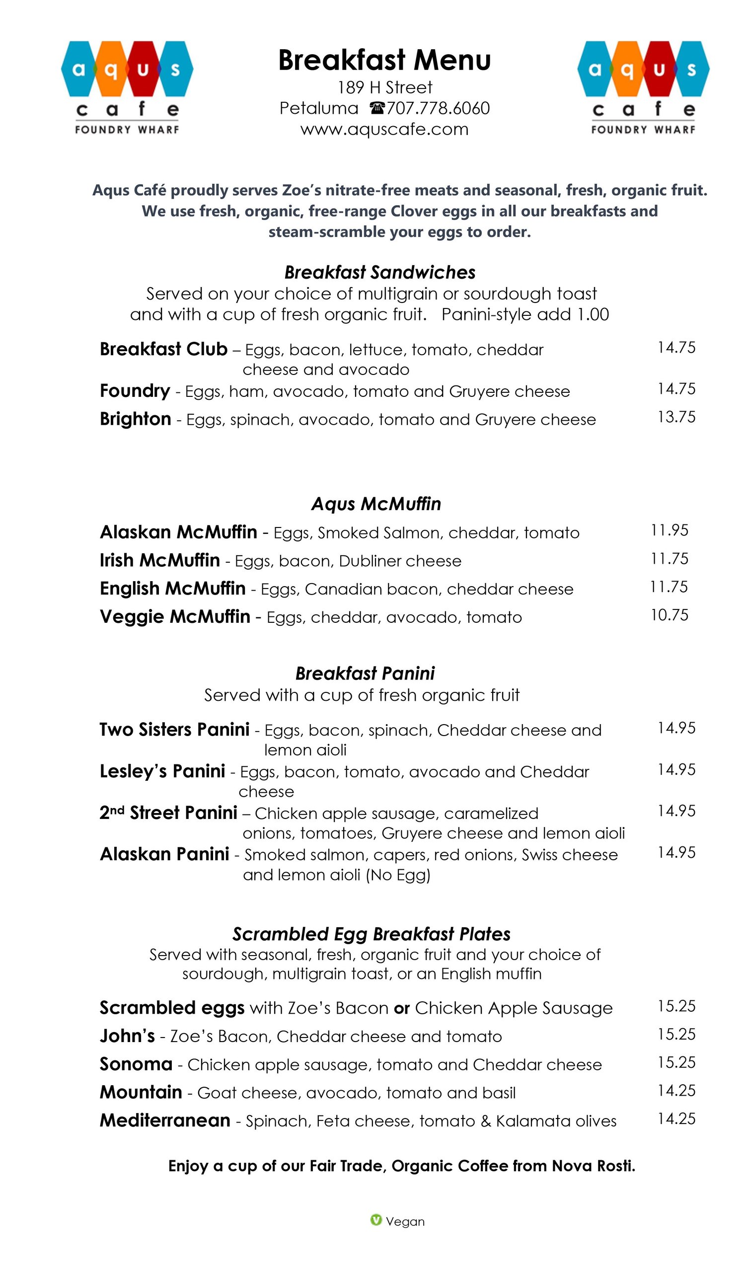 Breakfast Menu — Aqus Cafe Foundry Wharf