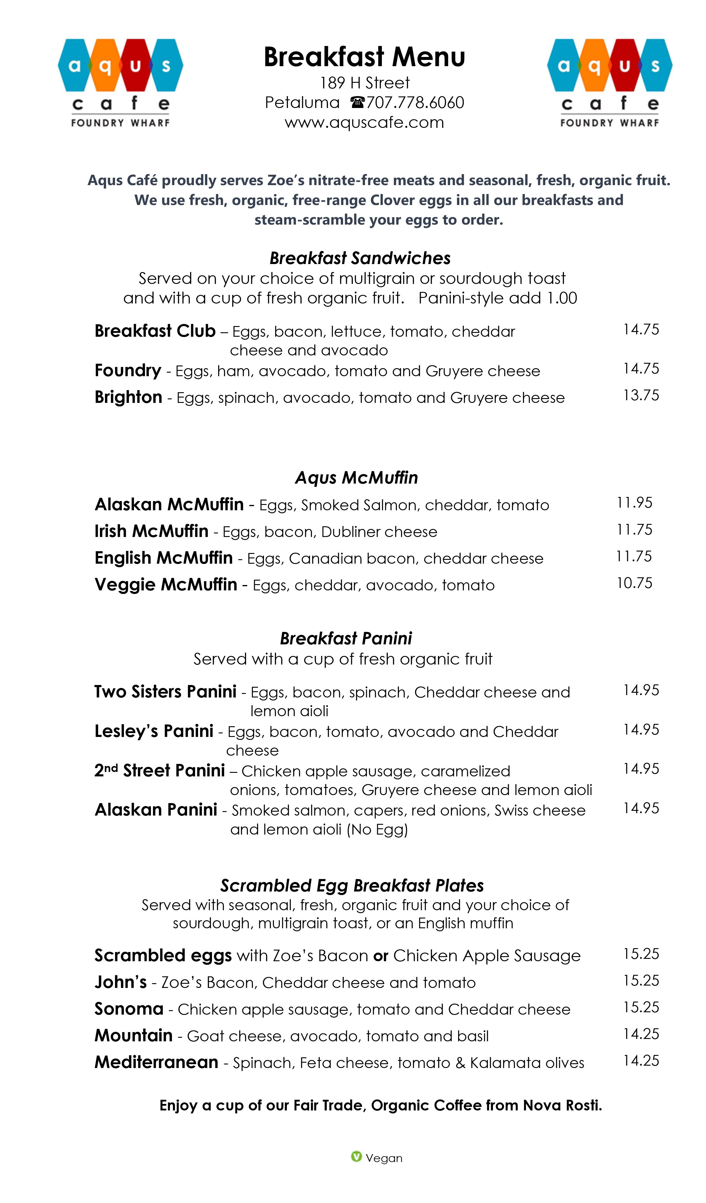 Breakfast Menu — Aqus Cafe Foundry Wharf
