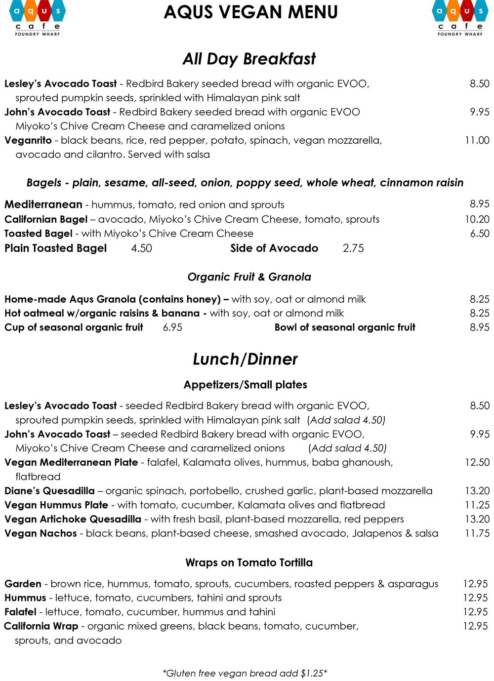 Vegan Menu — Aqus Cafe Foundry Wharf