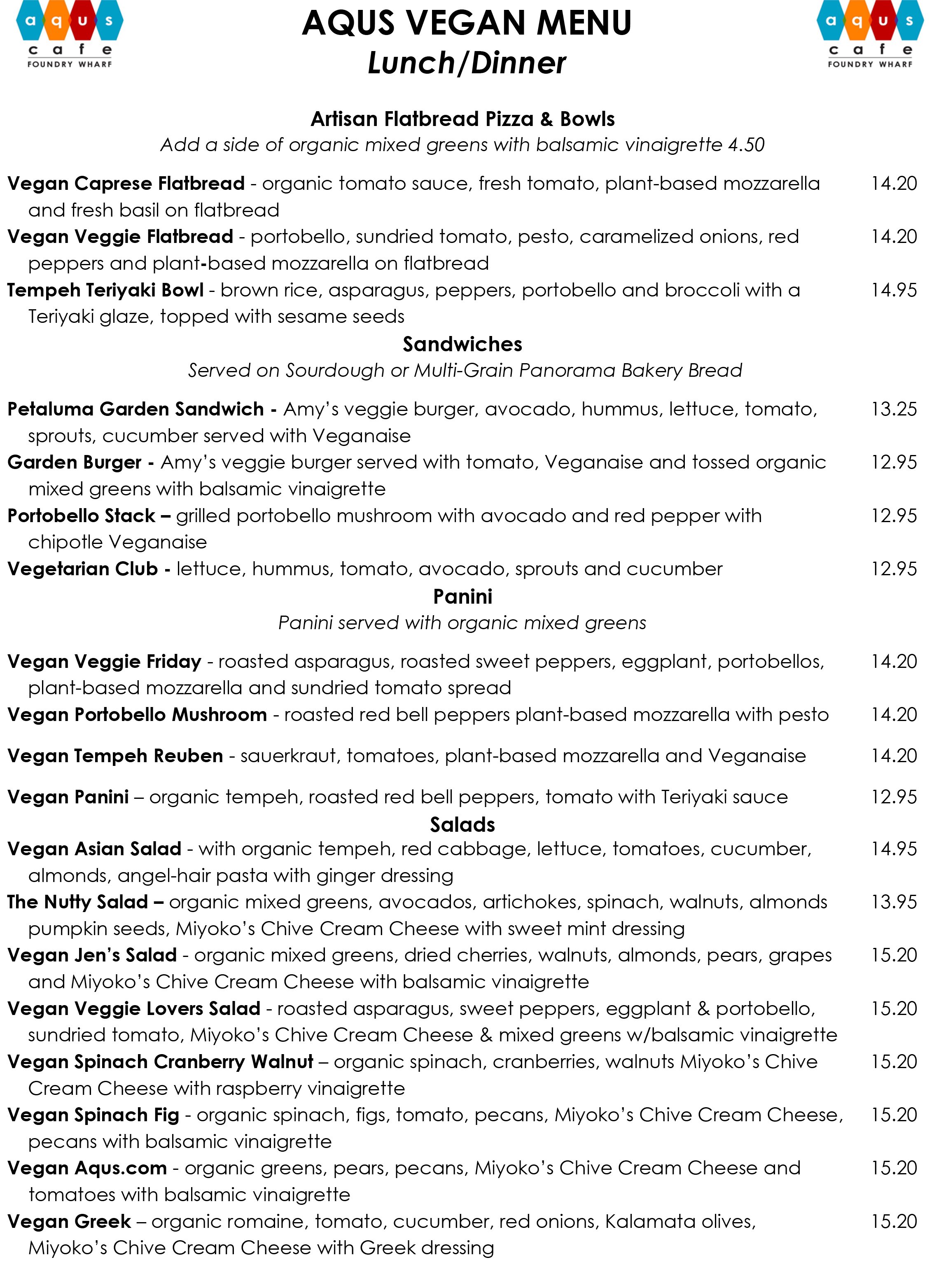 Vegan Menu — Aqus Cafe Foundry Wharf