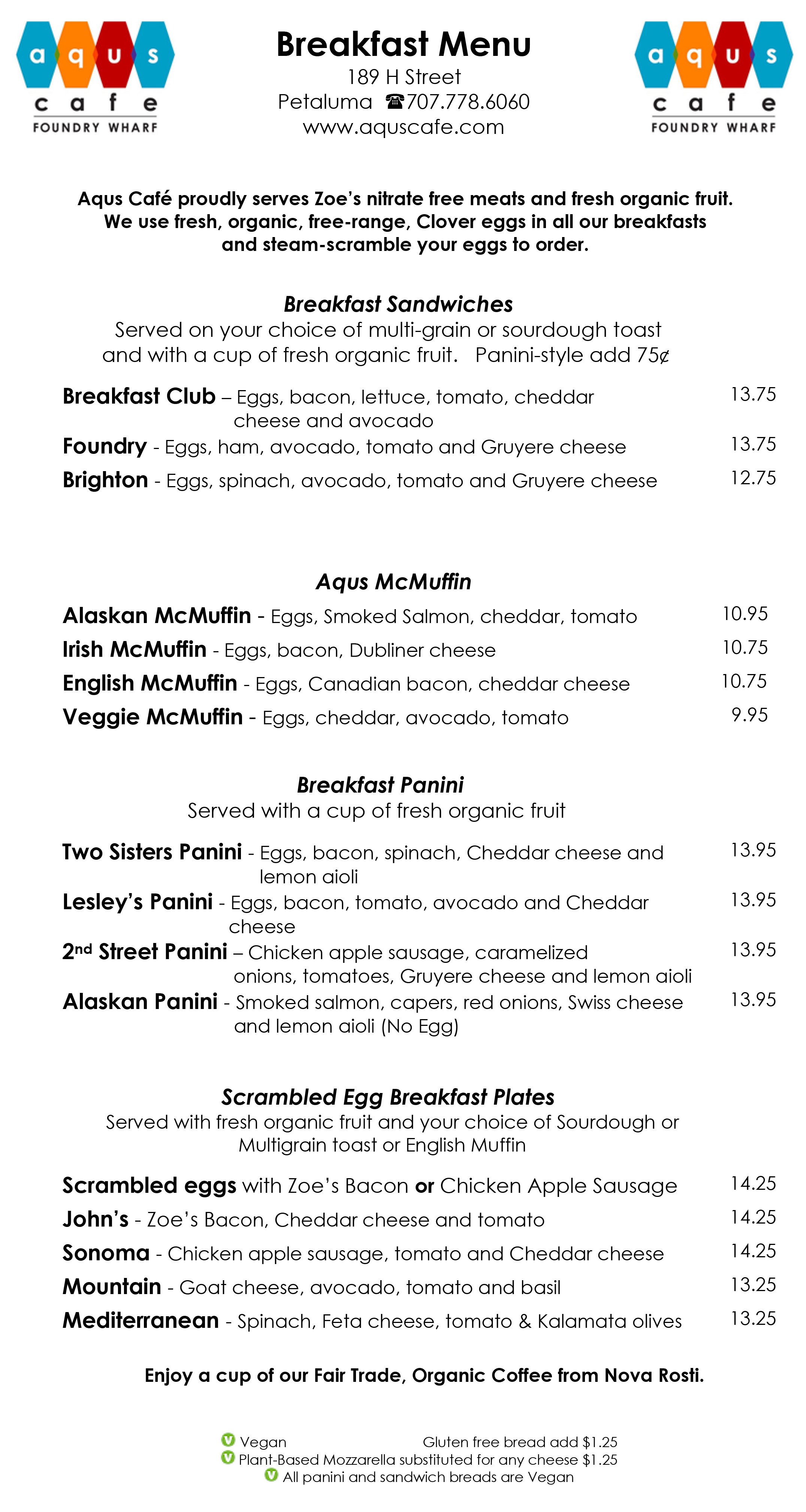 Breakfast Menu — Aqus Cafe Foundry Wharf