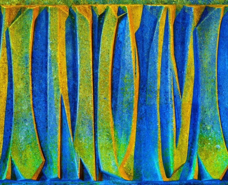 Concrete murals and reliefs photographed at night in a colourful style ...