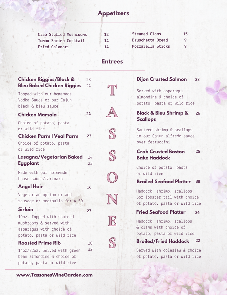 Menu 1 — Tassone's Wine Garden