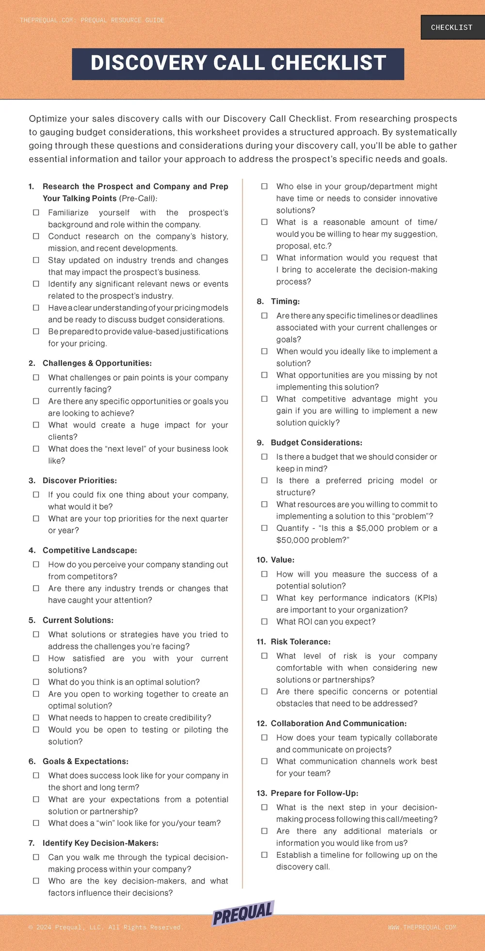 Discovery Call Checklist Worksheet Download | Prequal