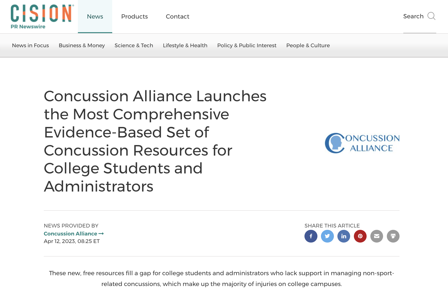 Concussion Alliance resources for college students press release ...