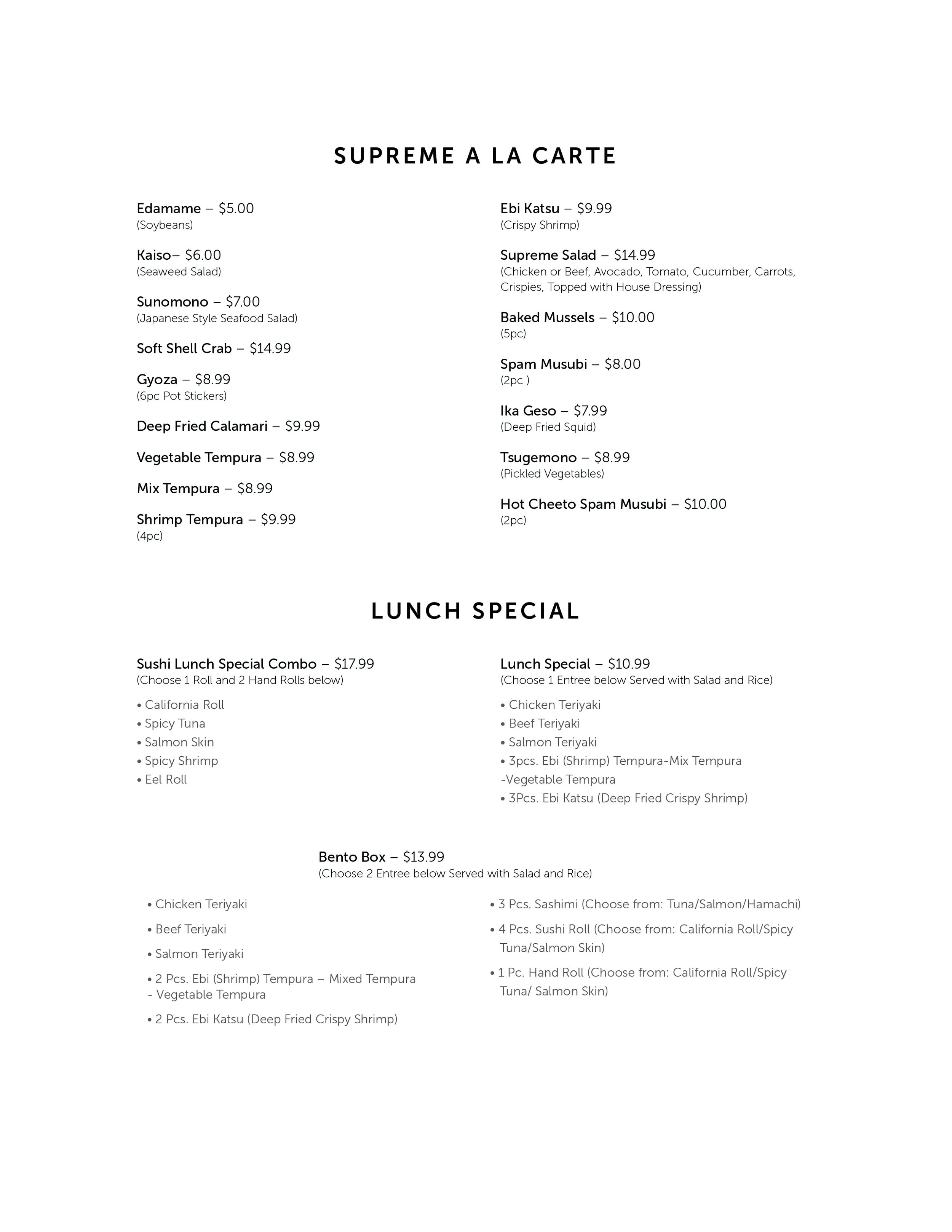 Menu — Supreme Sushi