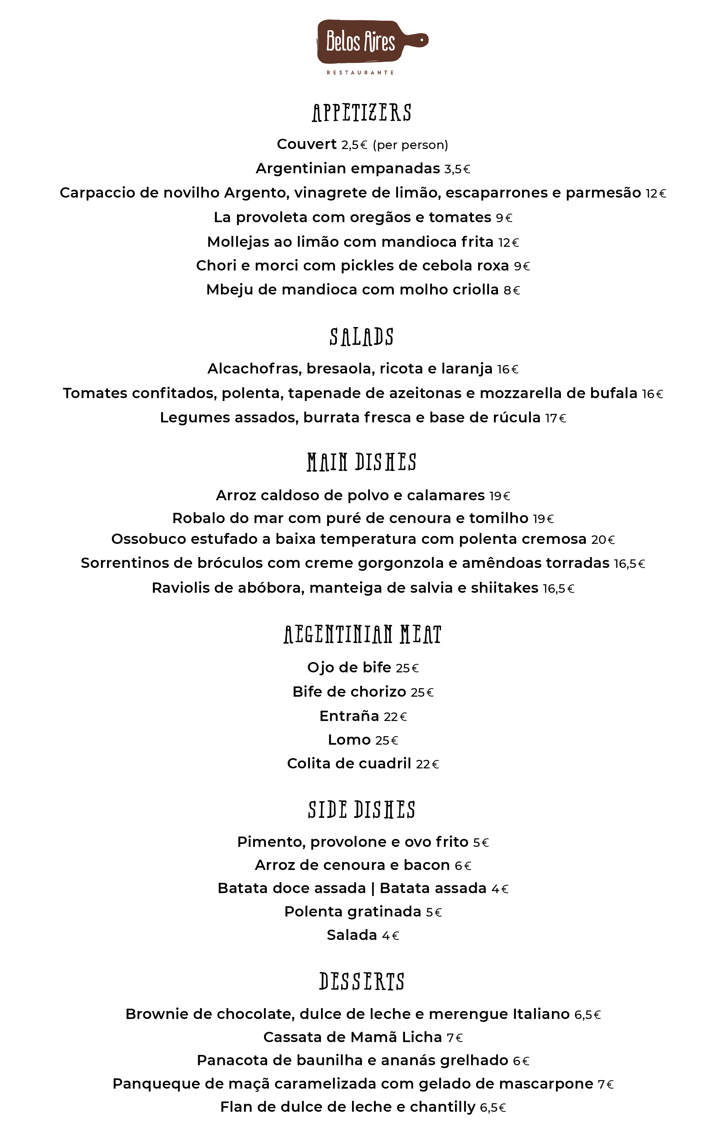 Menu — Belos Aires - Cocina Argentina
