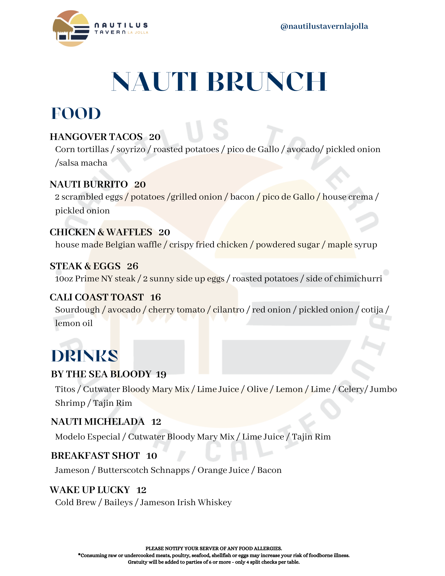 Food and Menu — Nautilus Tavern