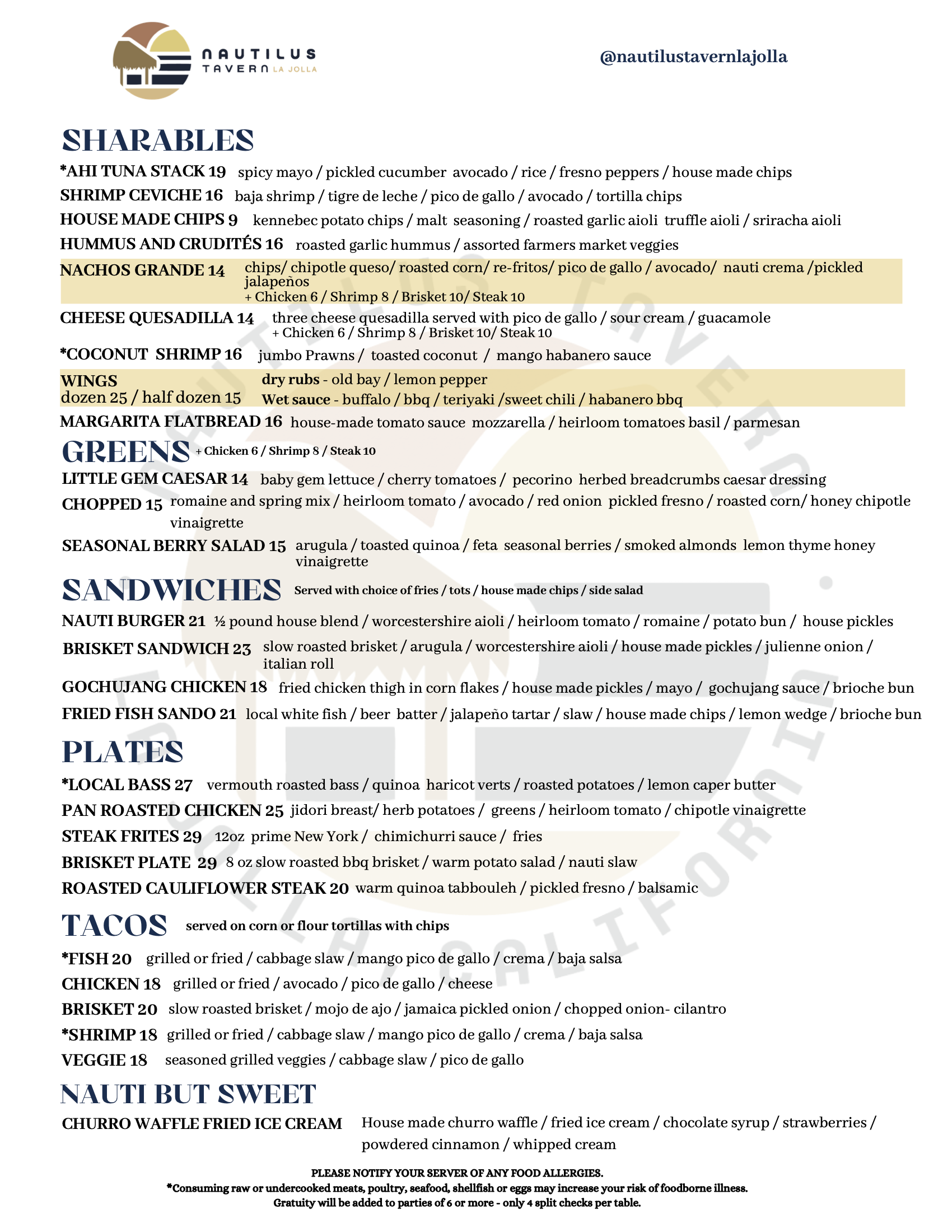 Food and Menu — Nautilus Tavern