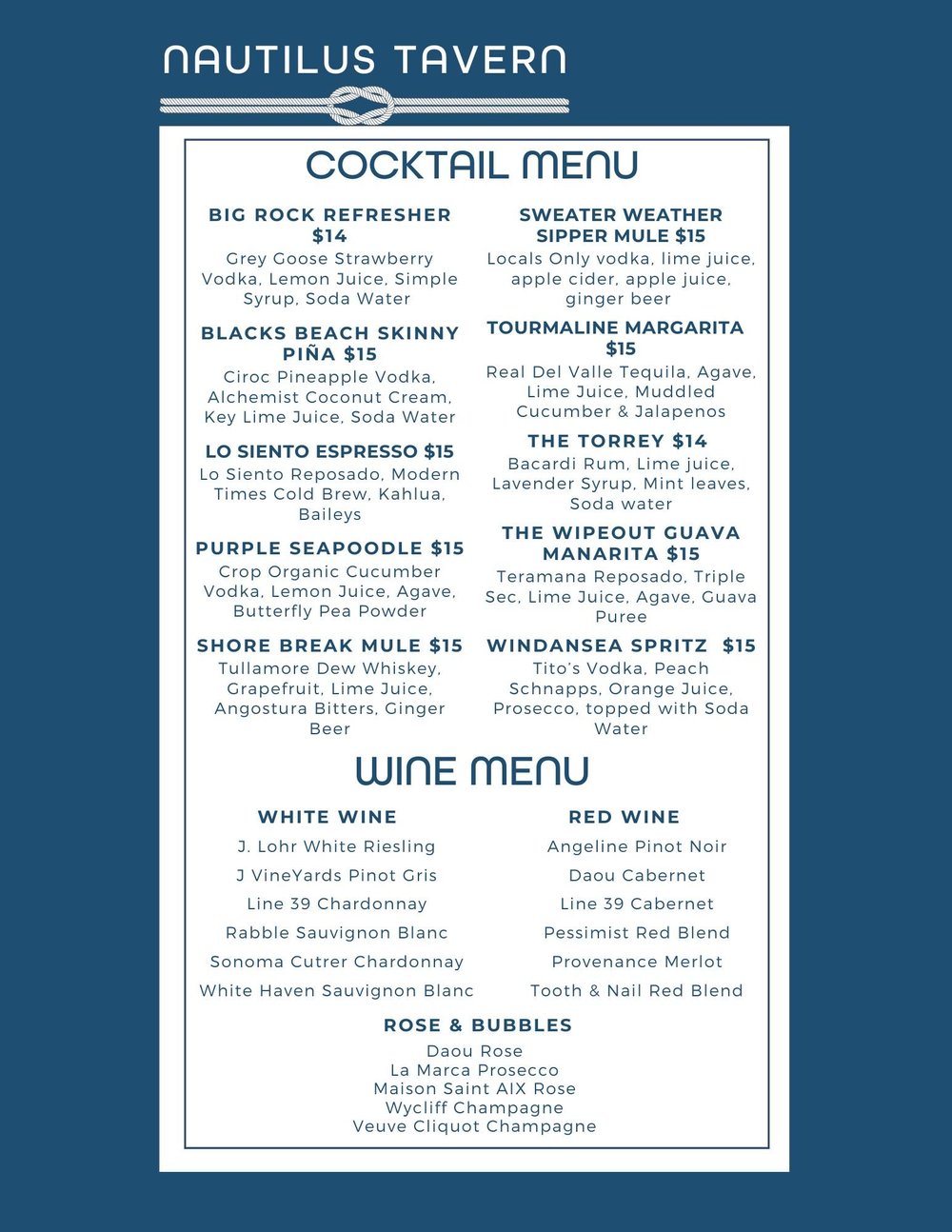 Menu — Nautilus Tavern