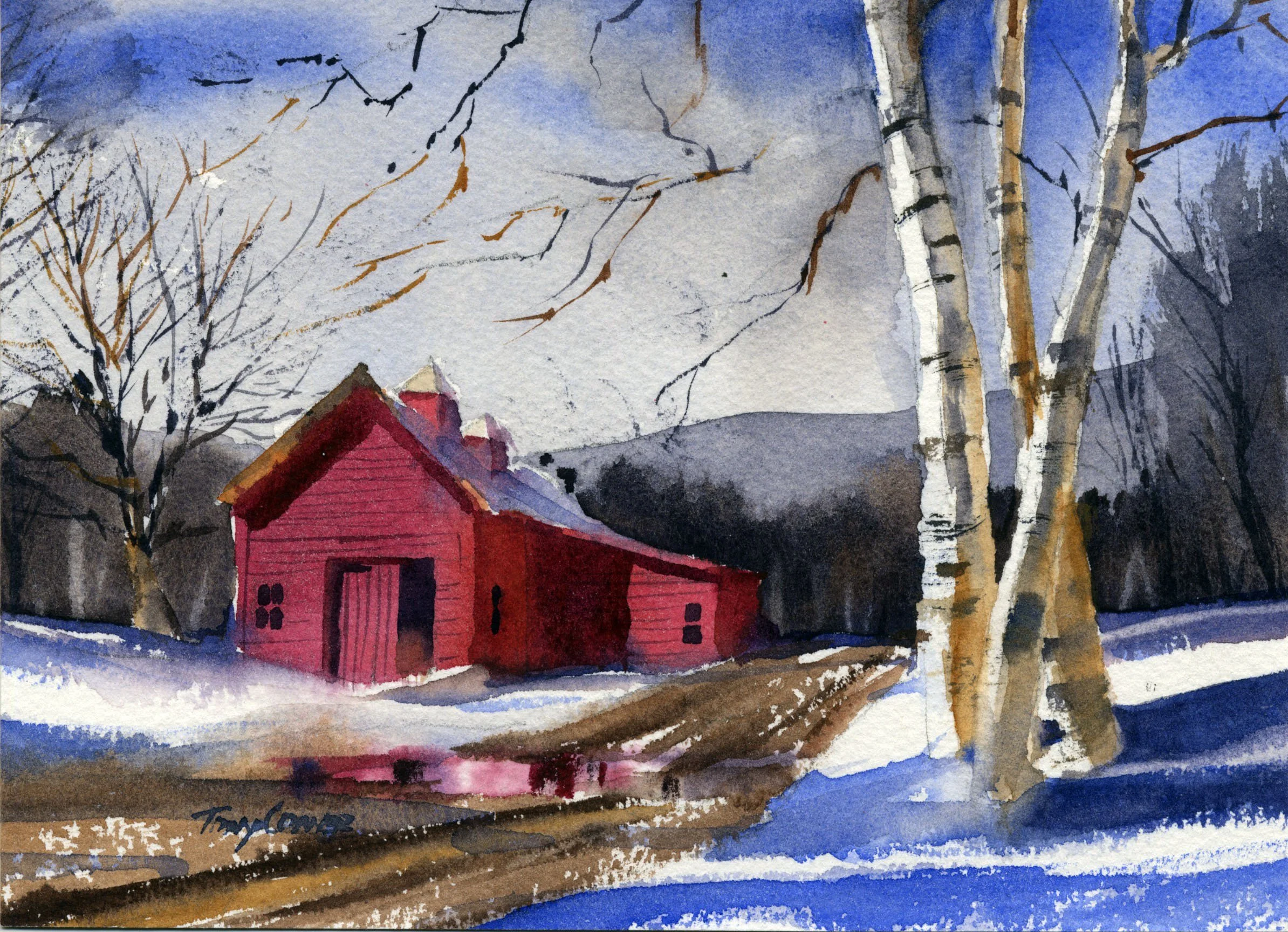 "Red Shed" - original watercolor landscape painting — Tony Conner