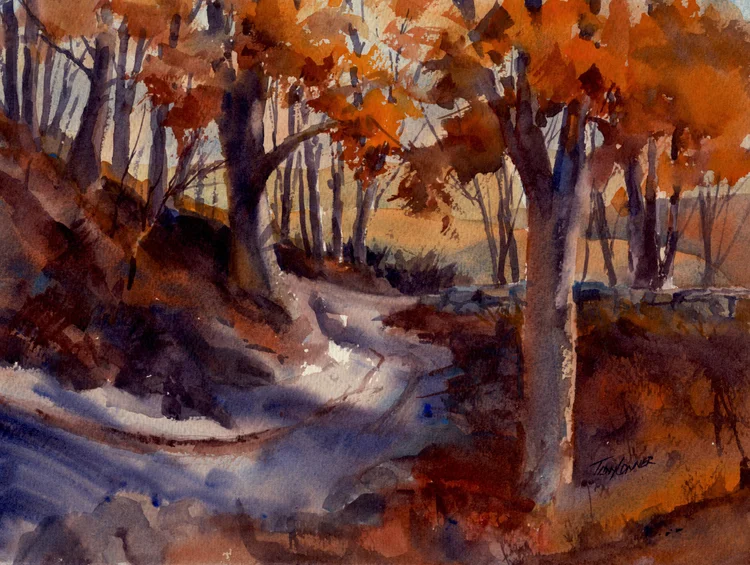 "Downhill Path" fall in the woods watercolor landscape painting — Tony ...