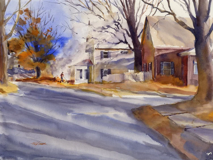 "Neighborhood Scene" - watercolor painting depict an old fall ritual ...