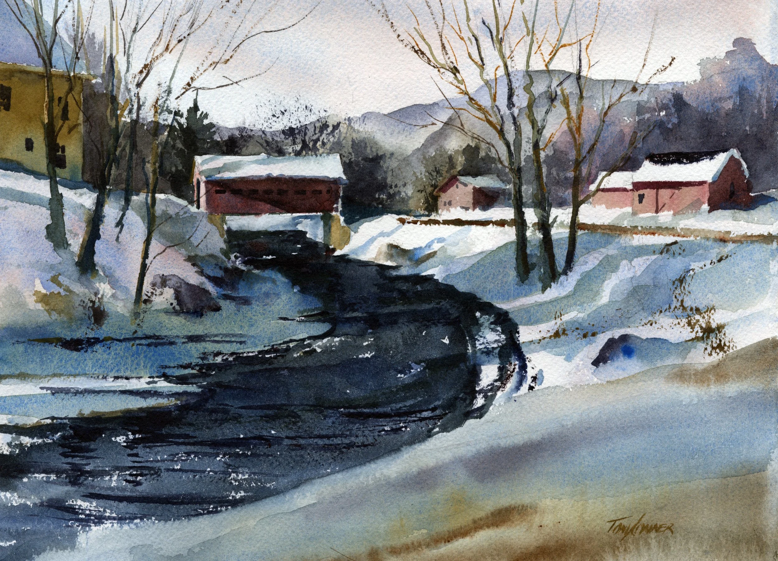 Valley Town, an original watercolor winter landscape painting — Tony Conner