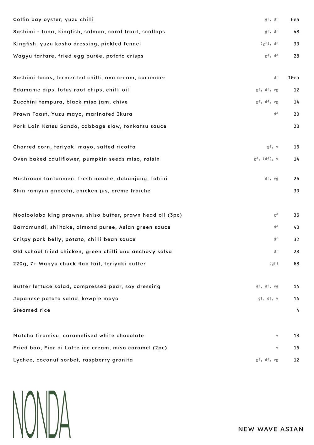 MENU — Nonda | Modern East Asian Restaurant
