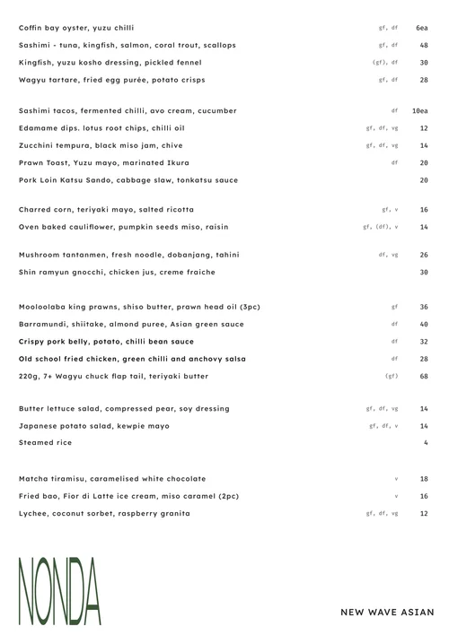 MENU — Nonda | Modern East Asian Restaurant