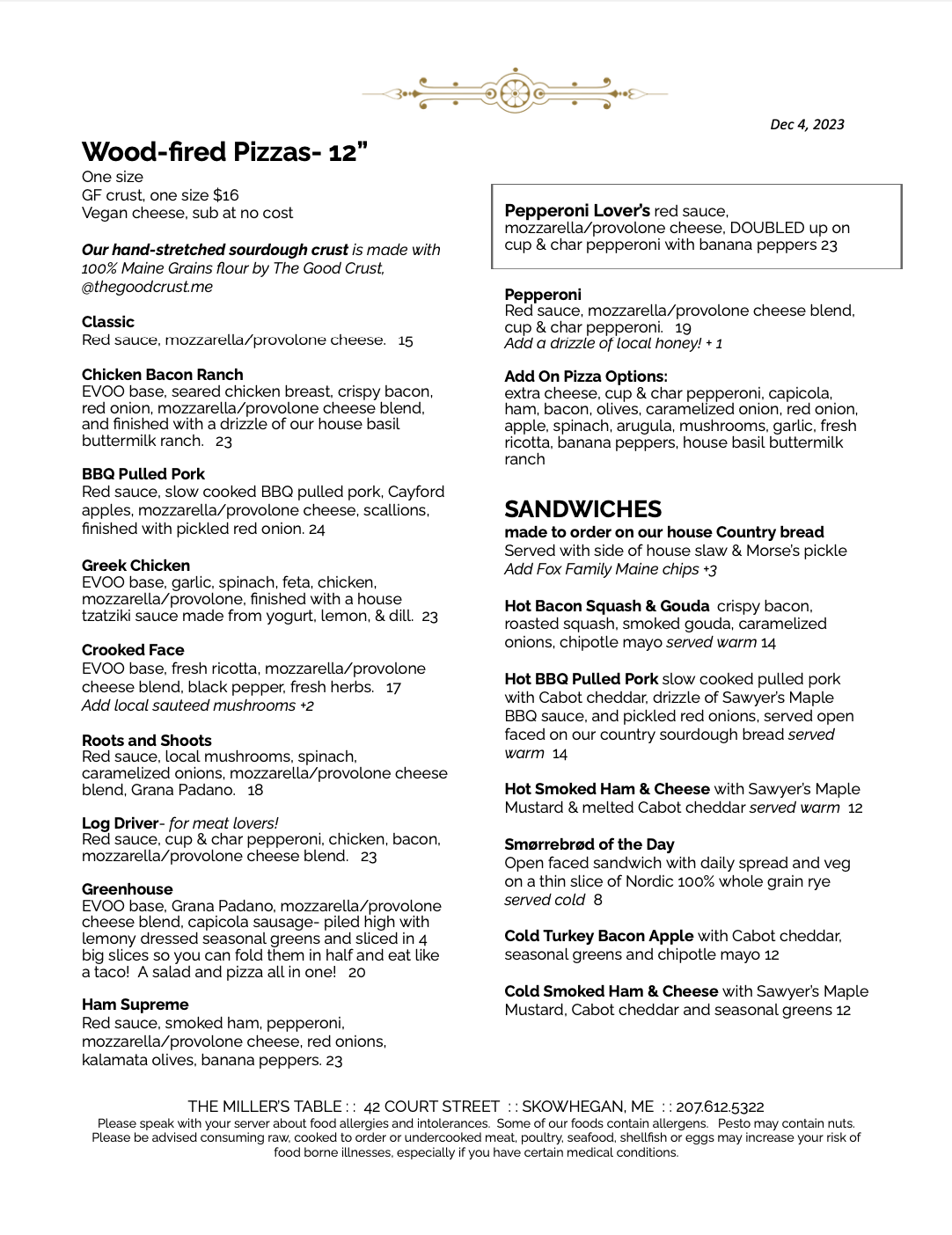 Weekend Menu — The Miller's Table