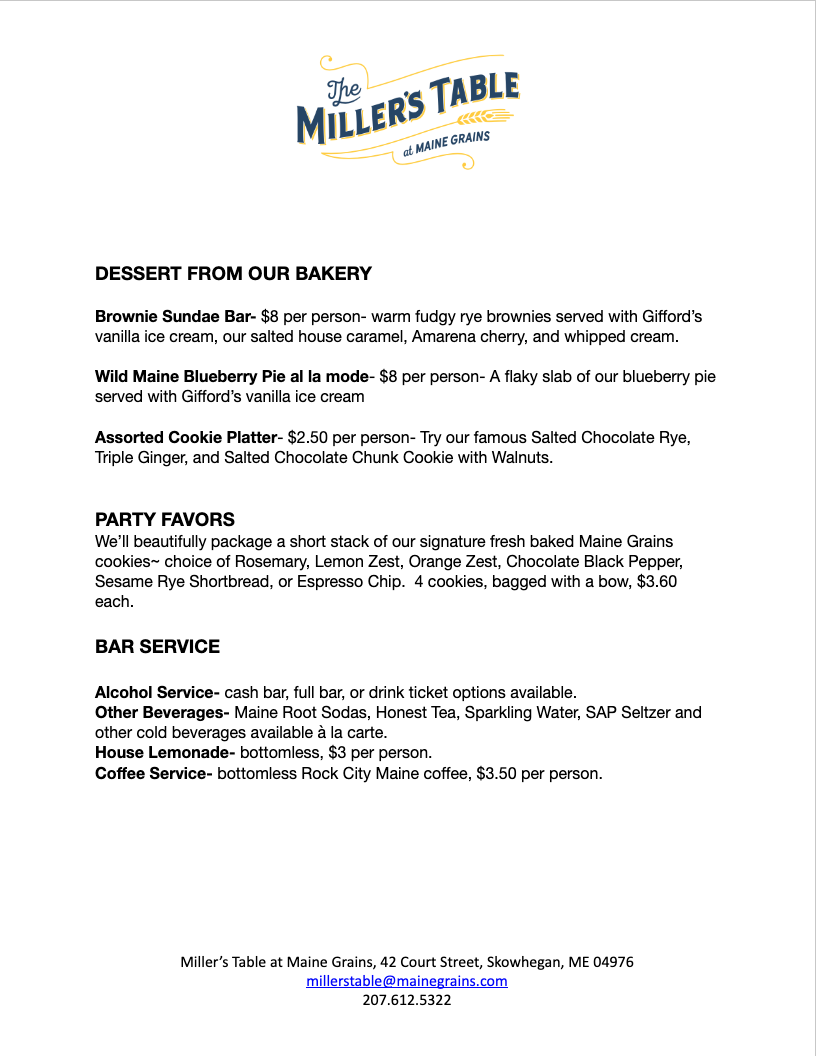 Catering Menu — The Miller's Table