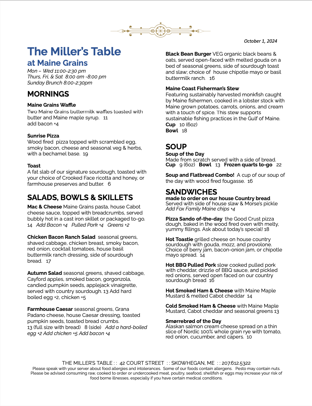 Lunch & Dinner Menu — The Miller's Table
