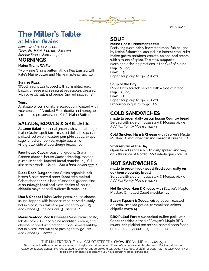 Lunch & Dinner Menu — The Miller's Table