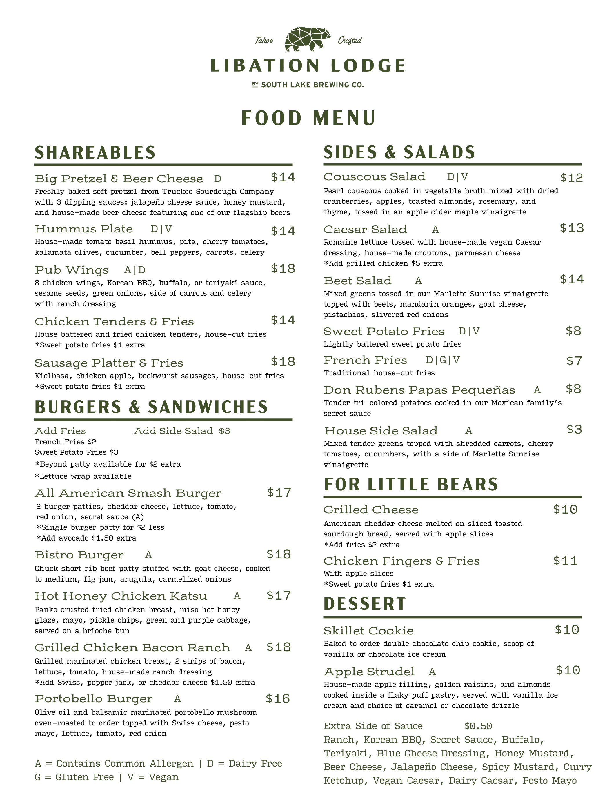 Libation Lodge Food Menu — South Lake Brewing Company