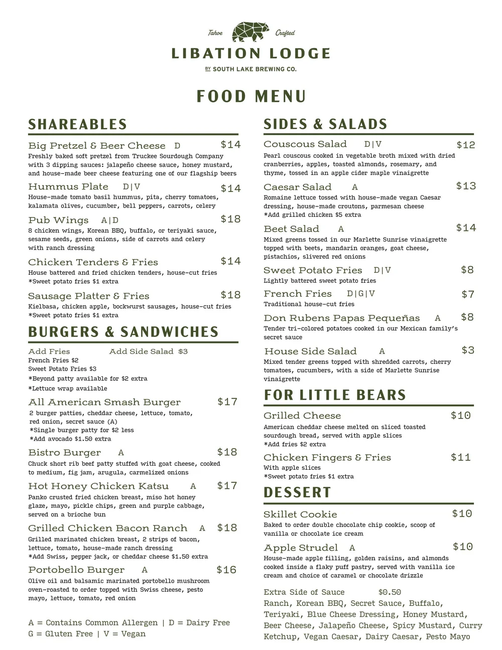 Libation Lodge Food Menu — South Lake Brewing Company