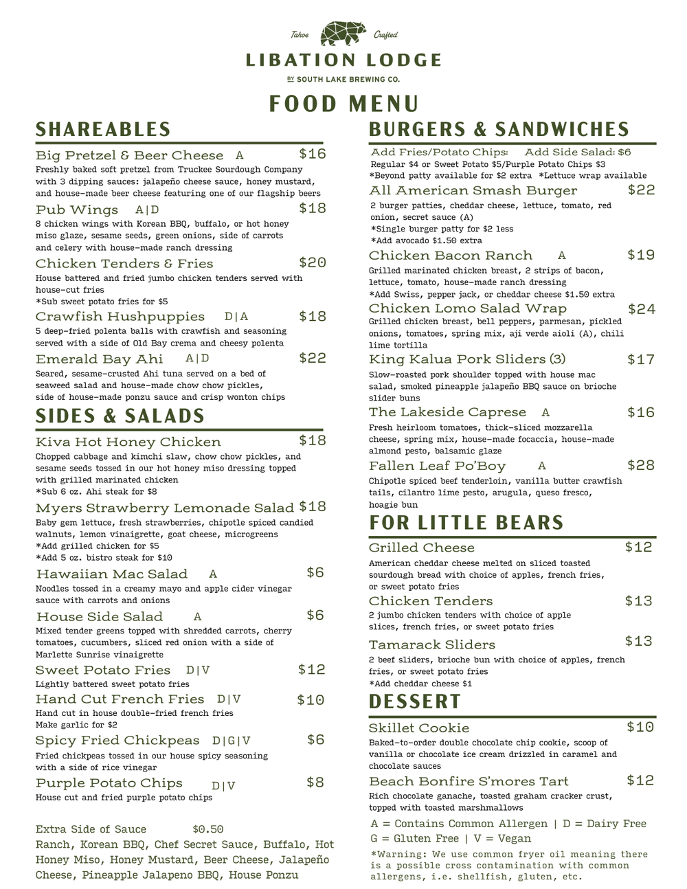 Libation Lodge Food Menu — South Lake Brewing Company