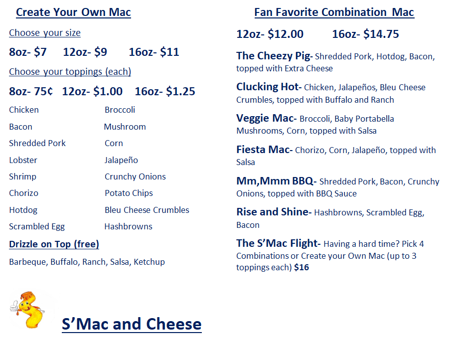 S'Mac and Cheese Menu — Saline Food Truck Festival