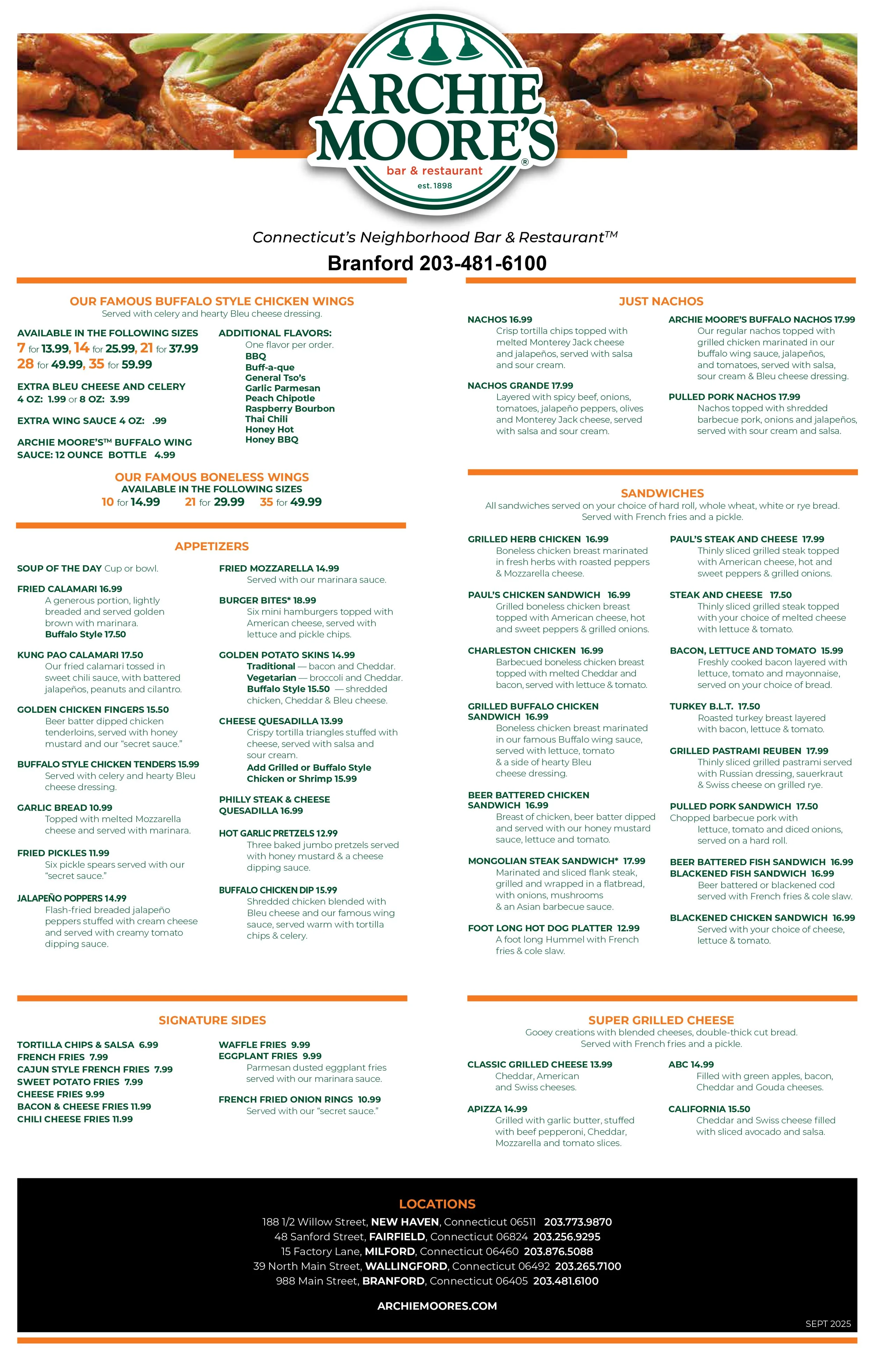 Branford Menu — Archie Moore's