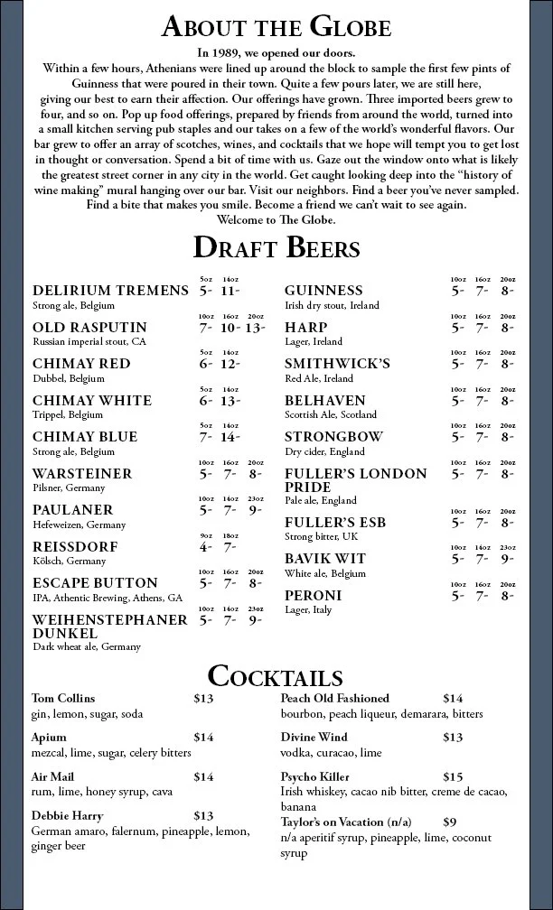 Menu — The Globe