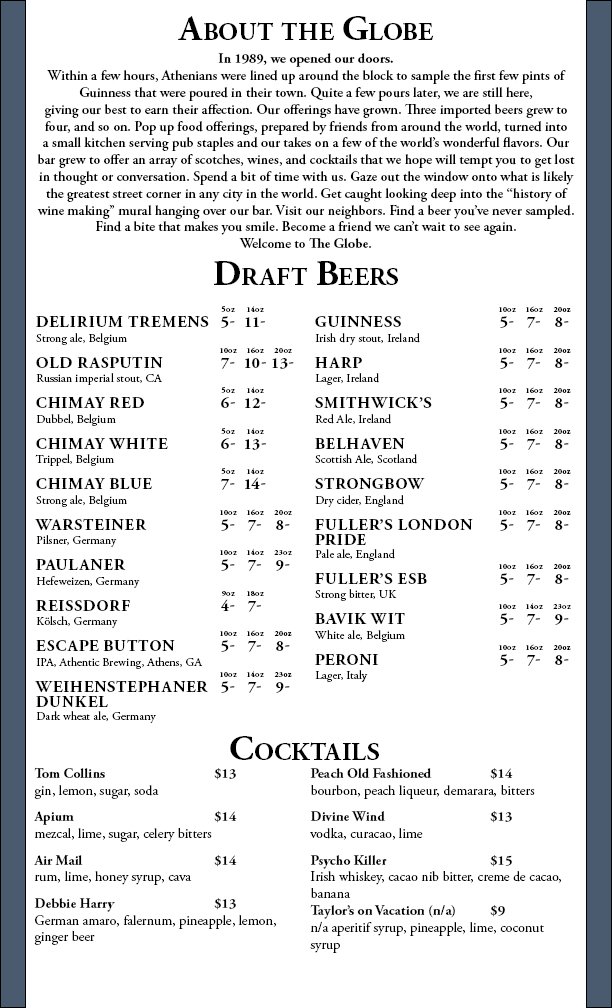 Menu — The Globe