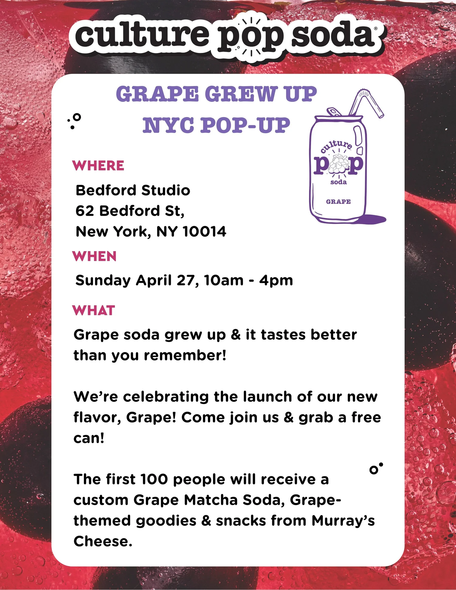 Culture Pop Soda NYC Grape Pop-Up — NYC for FREE