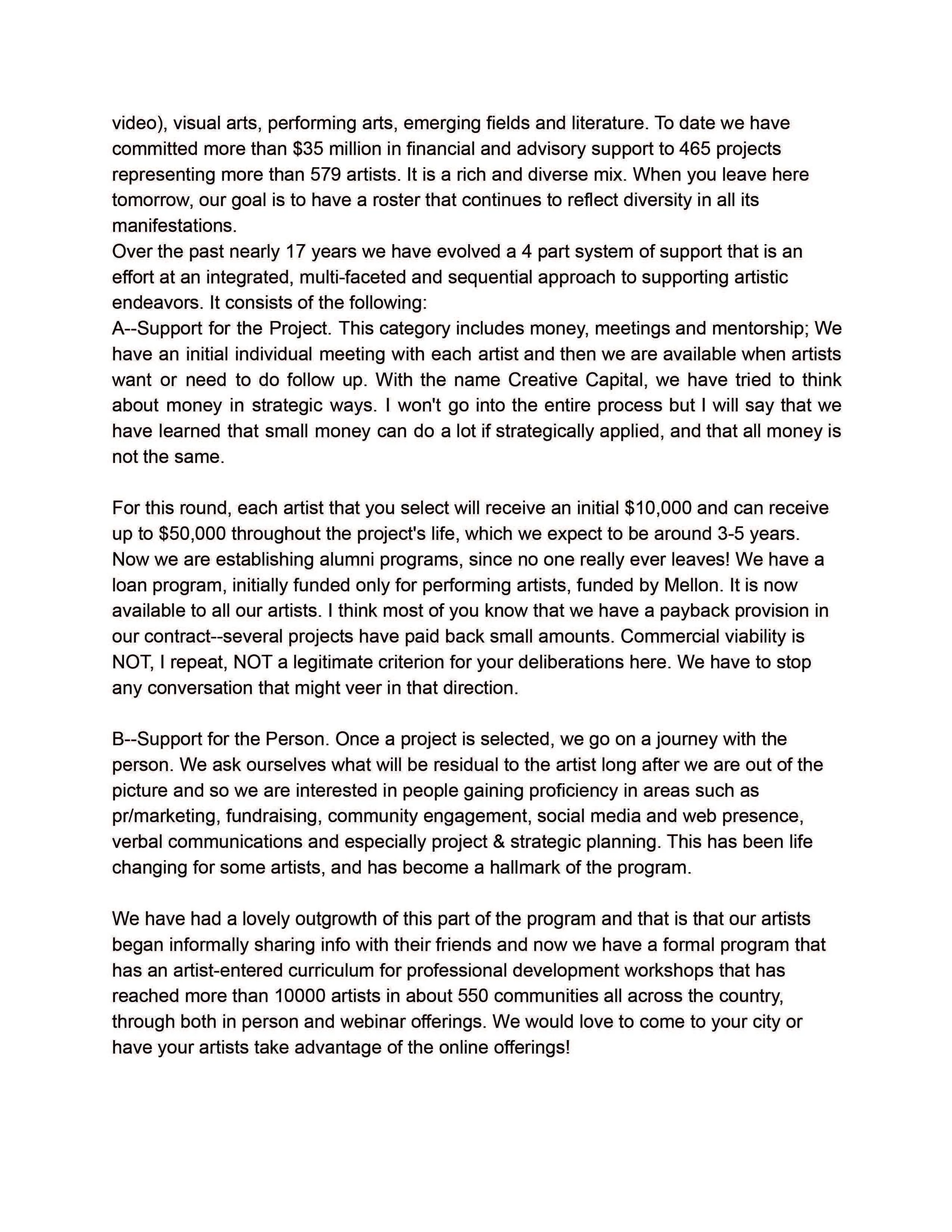 Remarks to the Creative Capital Selection Panel - Emerging Fields — Ruby Lerner