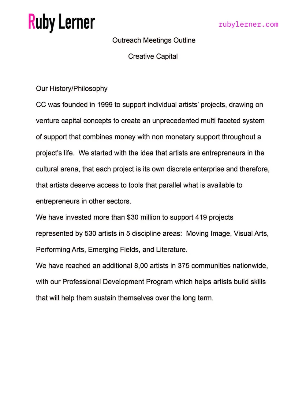 Creative Capital Outreach Meeting Outline — Ruby Lerner