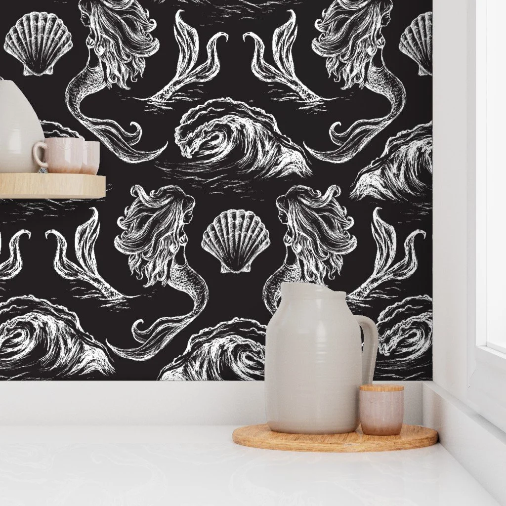 Custom Beach Wallpaper for Coastal Homes in gold. Seaside pattern with ...