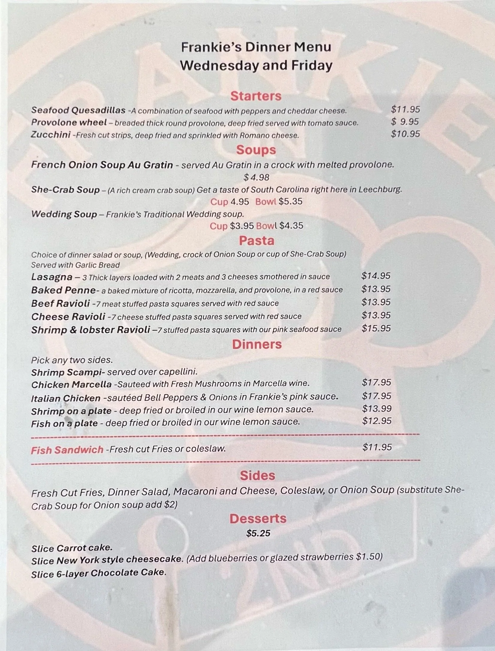 Dinner Menu — Frankie’s on 2nd